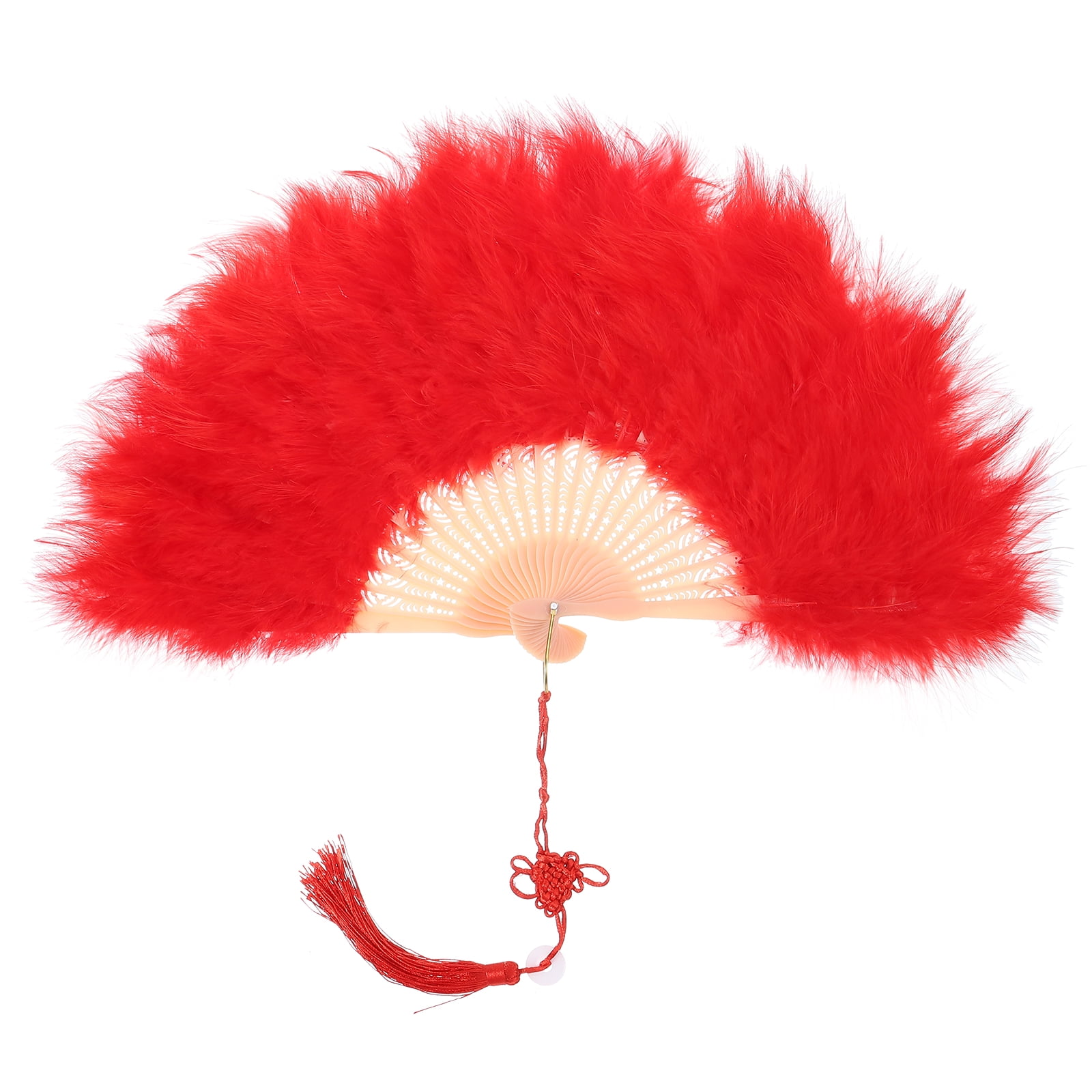 Uxcell Feather Hand Fan Red Vintage Folding Fan with Chinese Knots ...