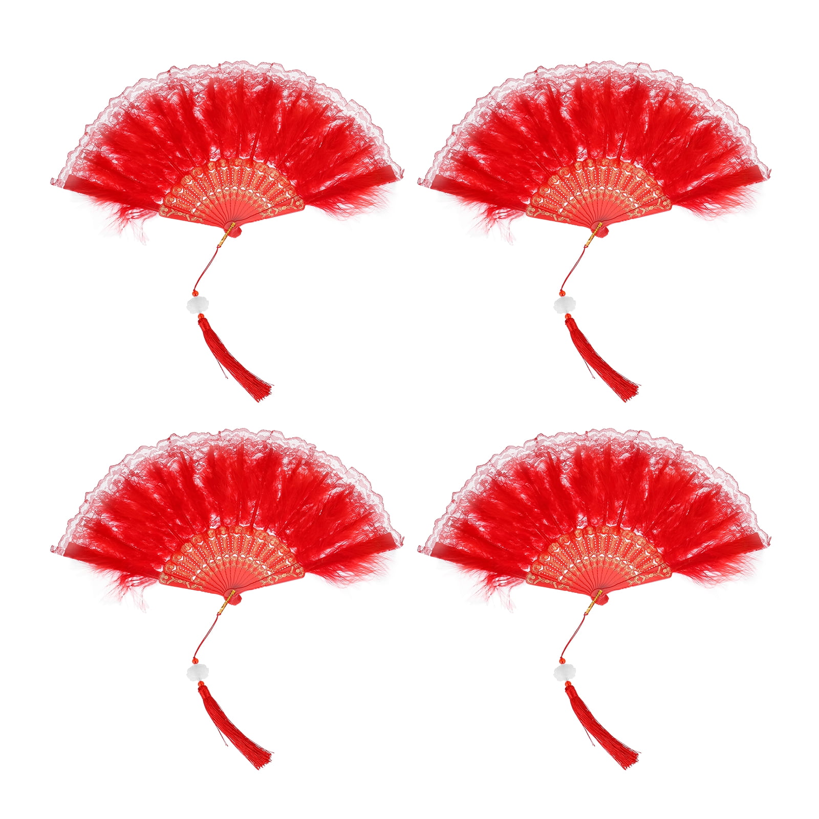 Uxcell Feather Hand Fan Red Vintage Folding Fan with Tassels Feather ...