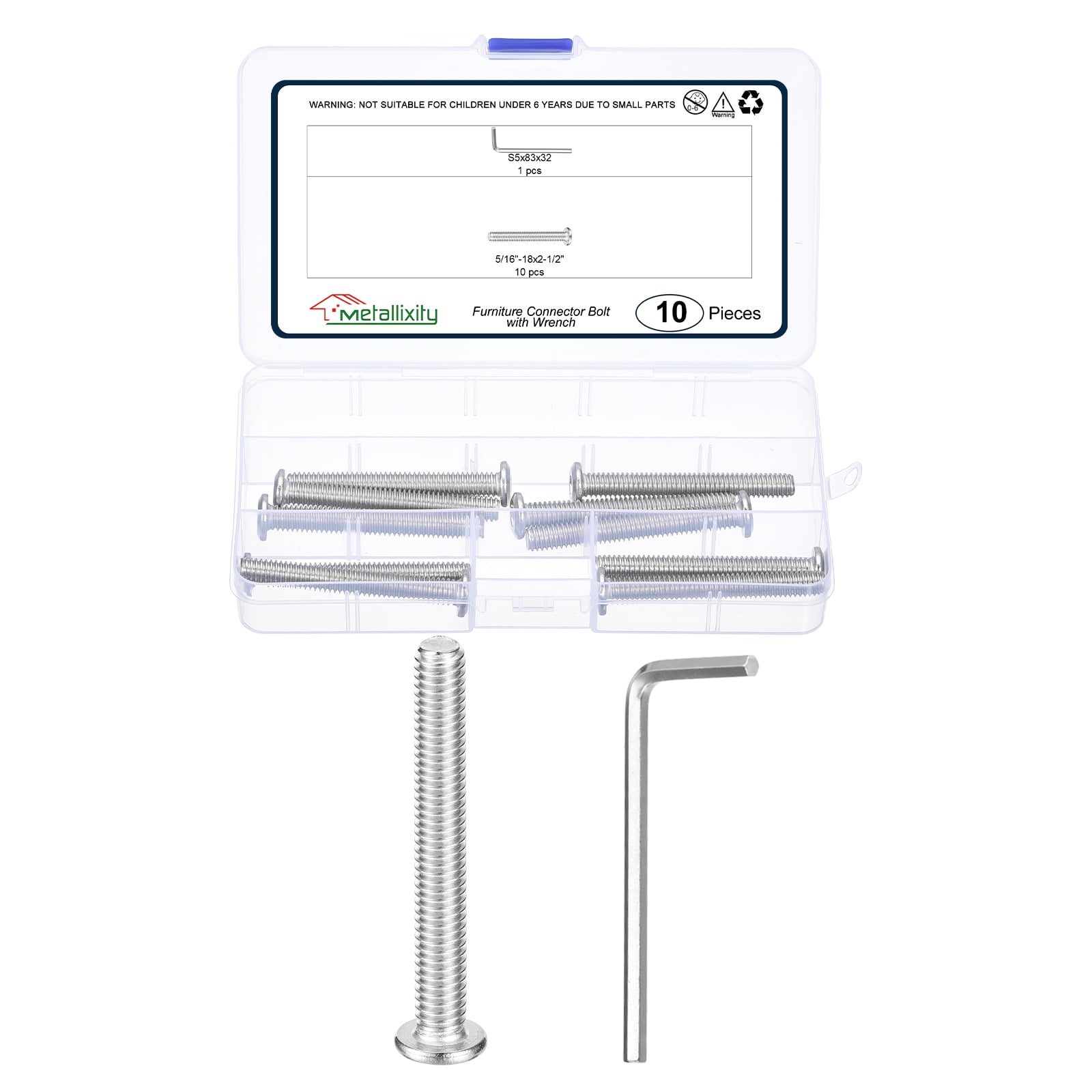 Uxcell Furniture Connector Bolt and (5/16"-18x2-1/2") 10Pcs, with Wrench Steel Hex Socket ...