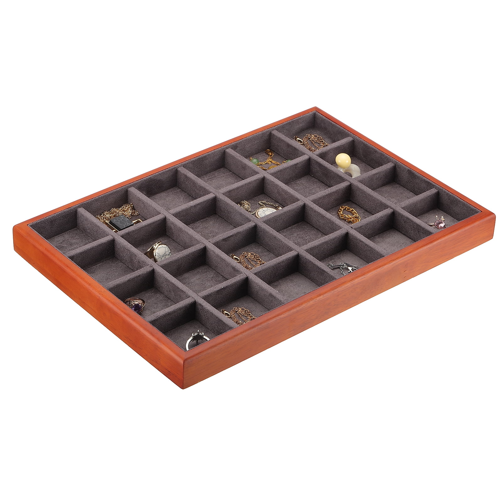 Uxcell Grid Wooden Velvet Jewelry Display Tray, 24 Grid Jewelry Display ...