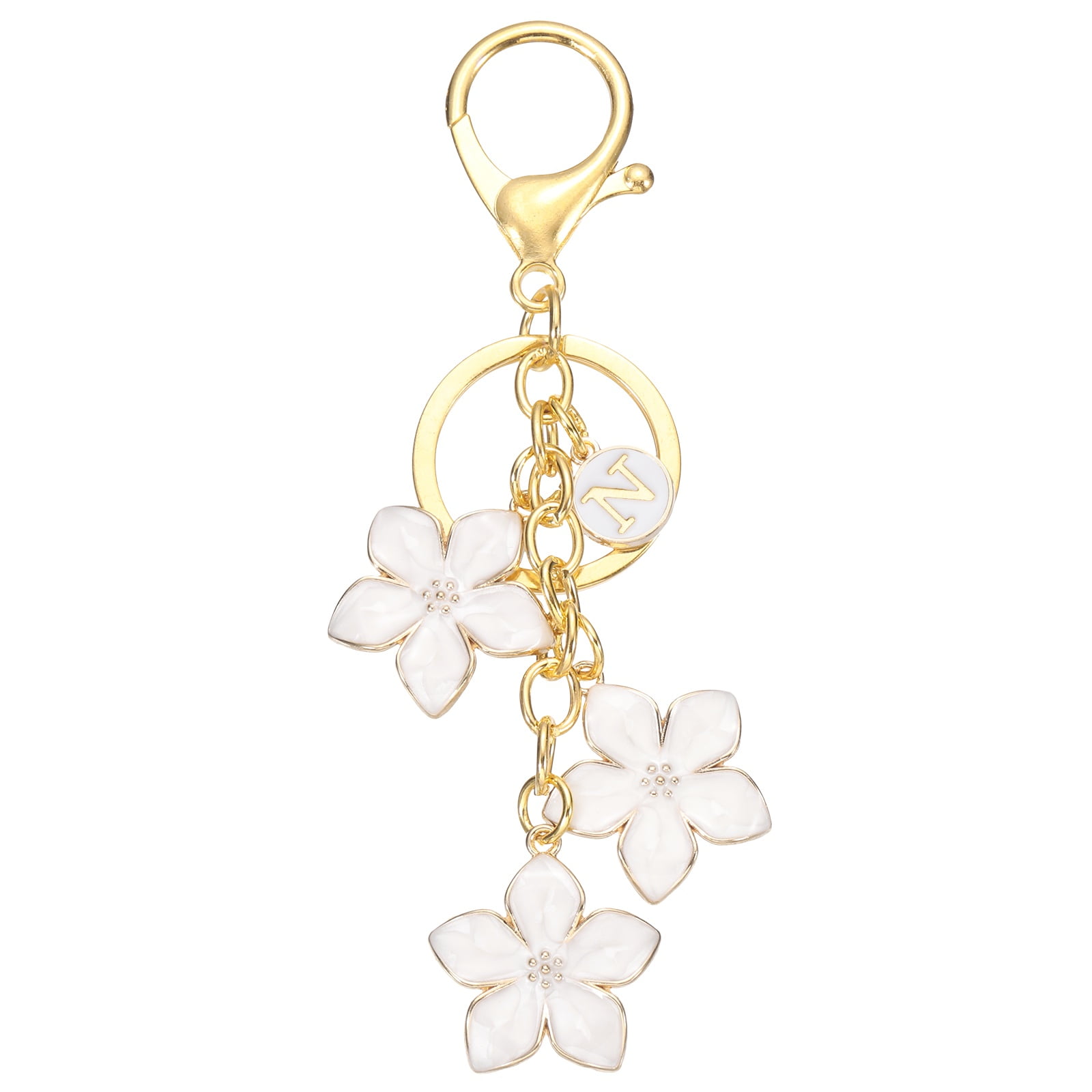 Uxcell Initial Letter Flower Keychain, Alphabet N Drip Oil White Charm ...