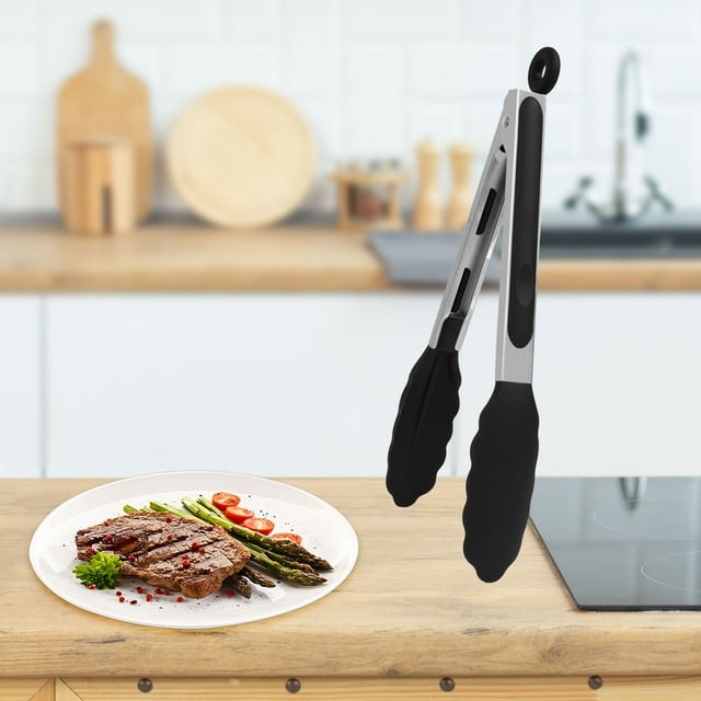 Uxcell Kitchen Tongs Silicone Tip Stainless Steel Lock Tongs Black 9