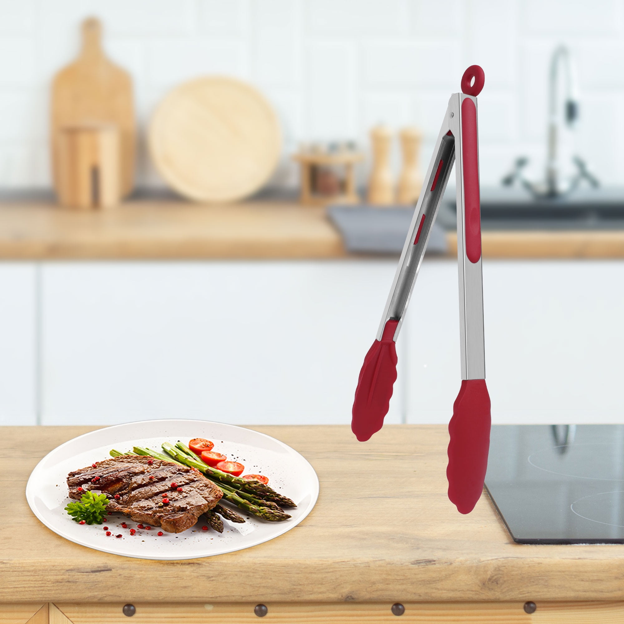 Uxcell Kitchen Tongs Silicone Tip Stainless Steel Lock Tongs Burgundy ...