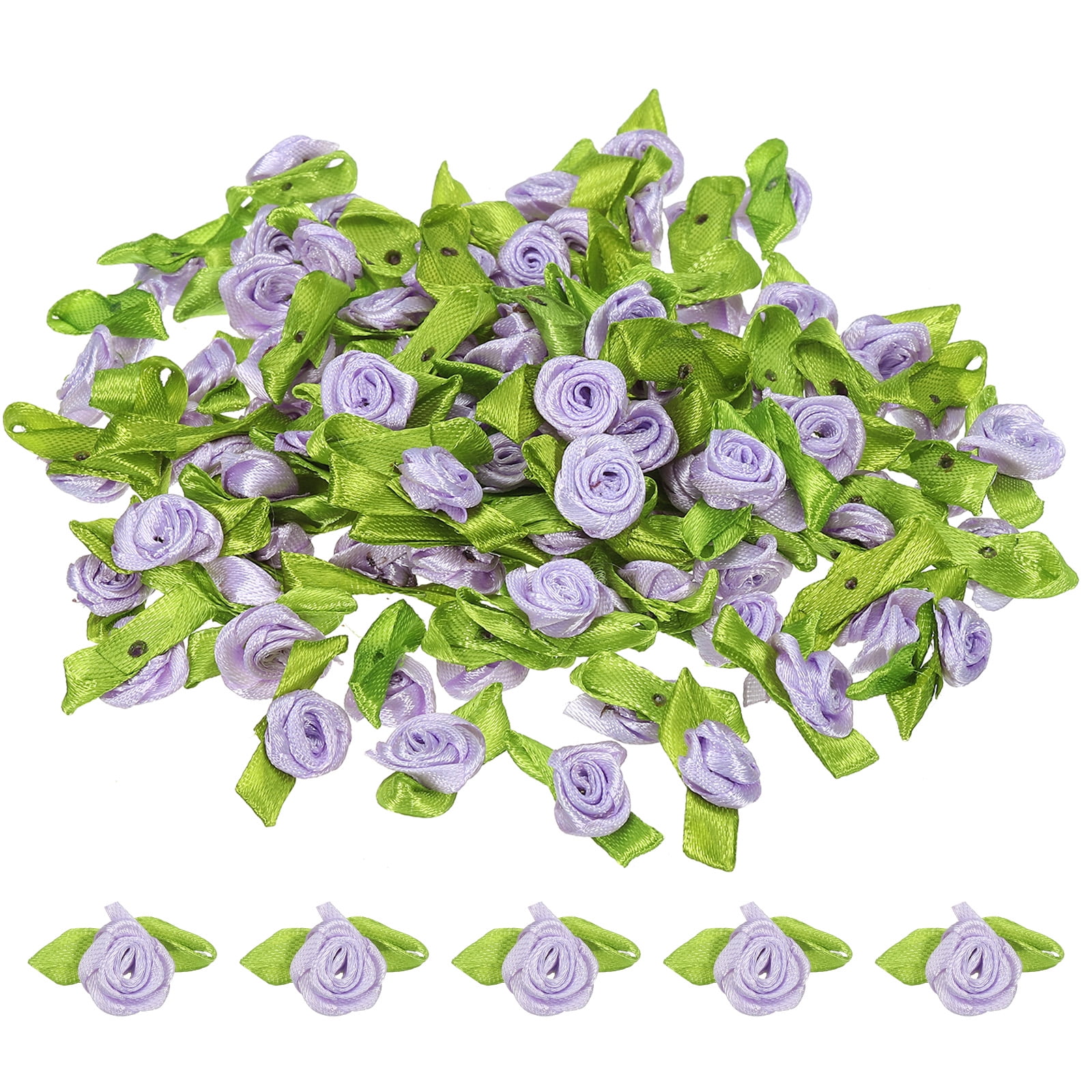 Uxcell Mini Ribbon Roses, 200Pcs Satin Fabric Flowers with Green Leaves ...