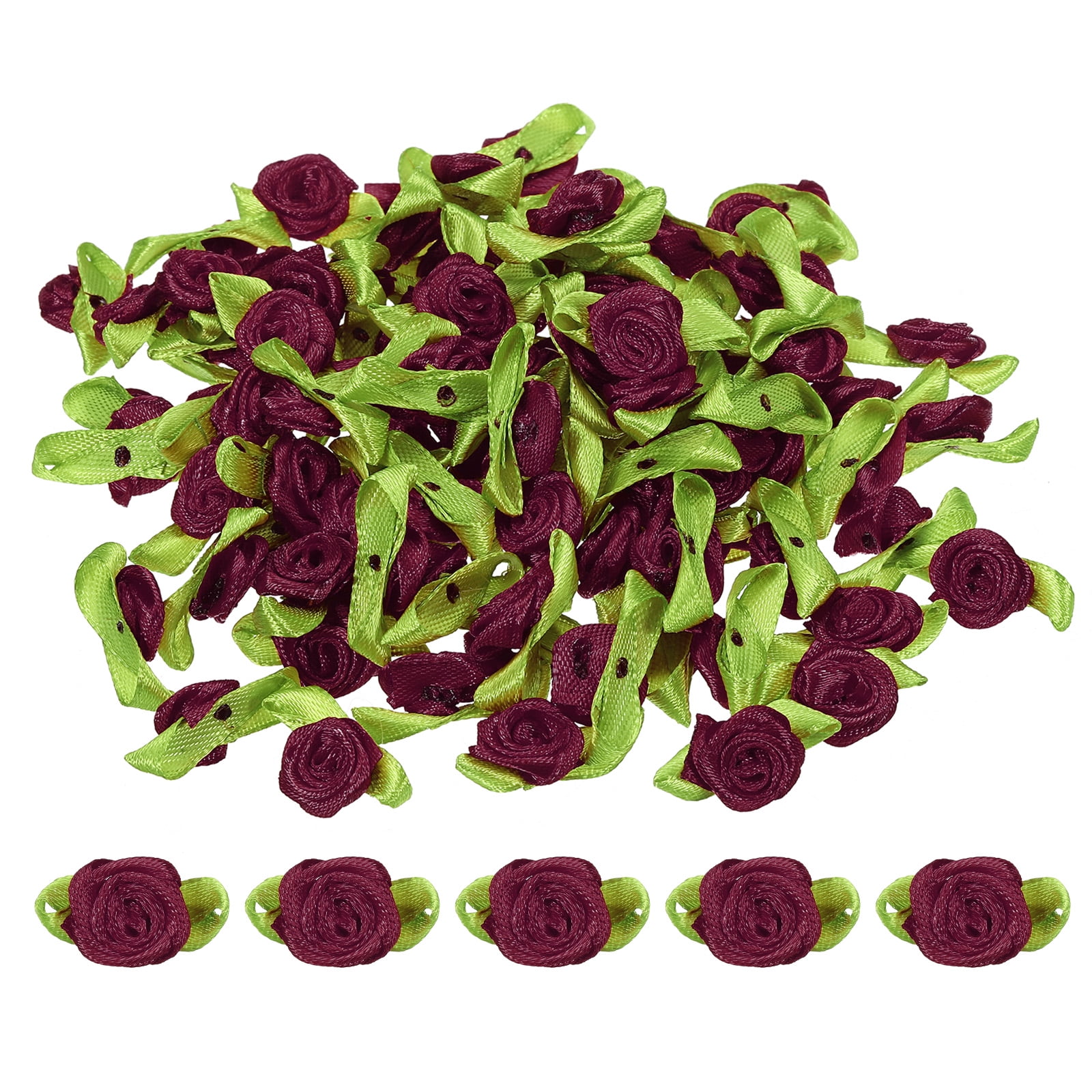 Uxcell Mini Ribbon Roses, 200Pcs Satin Fabric Flowers with Green Leaves ...