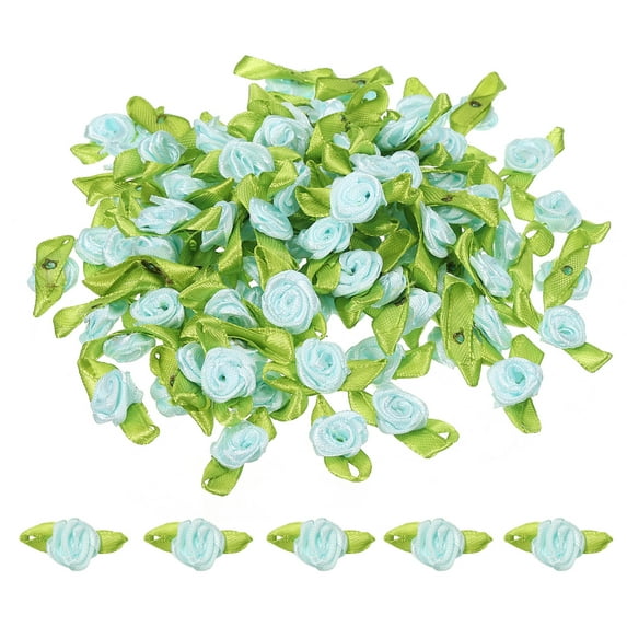 Uxcell Mini Ribbon Roses, 200Pcs Satin Fabric Flowers with Green Leaves ...