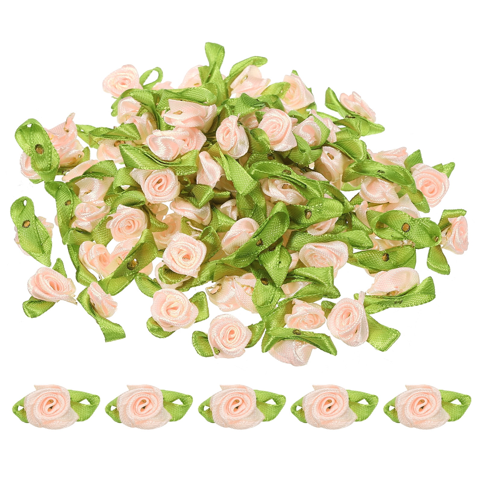 Uxcell Mini Ribbon Roses, 200Pcs Satin Fabric Flowers with Green Leaves ...
