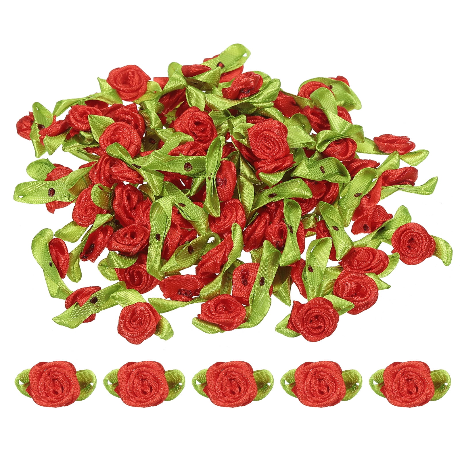 Uxcell Mini Ribbon Roses, 200Pcs Tiny Satin Fabric Flowers with Green ...
