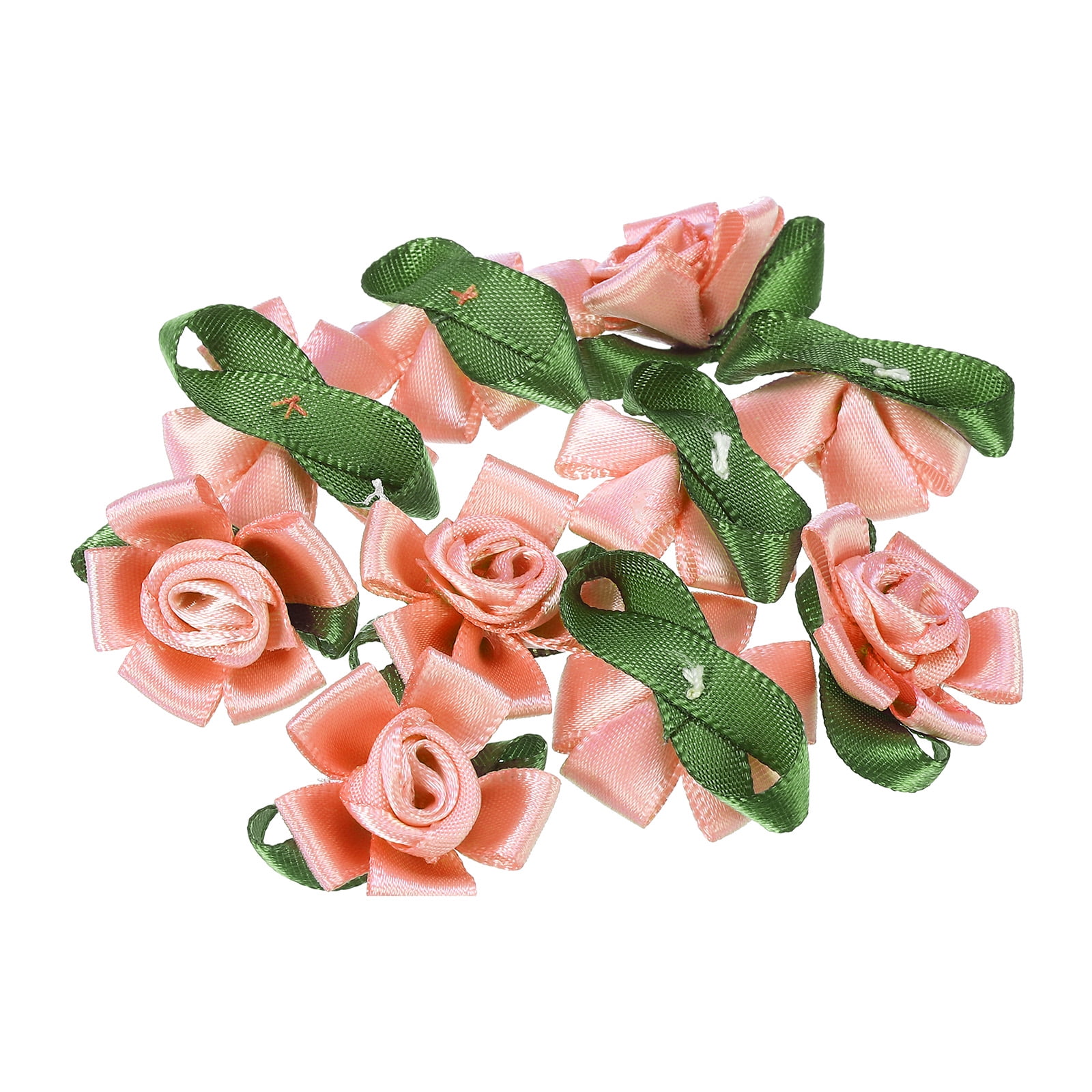 Uxcell Mini Satin Ribbon Roses Small Rosettes Fabric Flowers with Green ...