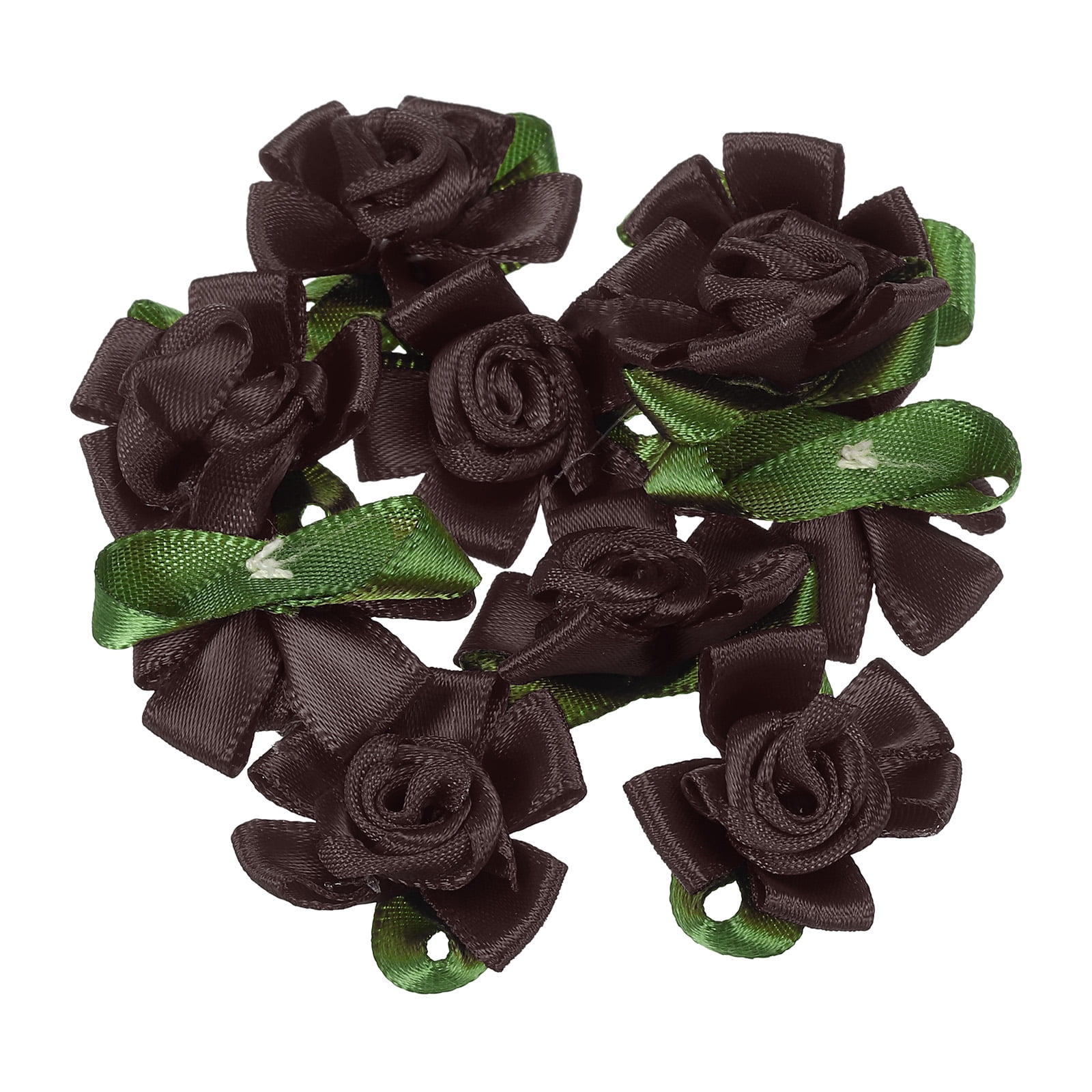 Uxcell Mini Satin Ribbon Roses Small Rosettes Fabric Flowers with Green ...