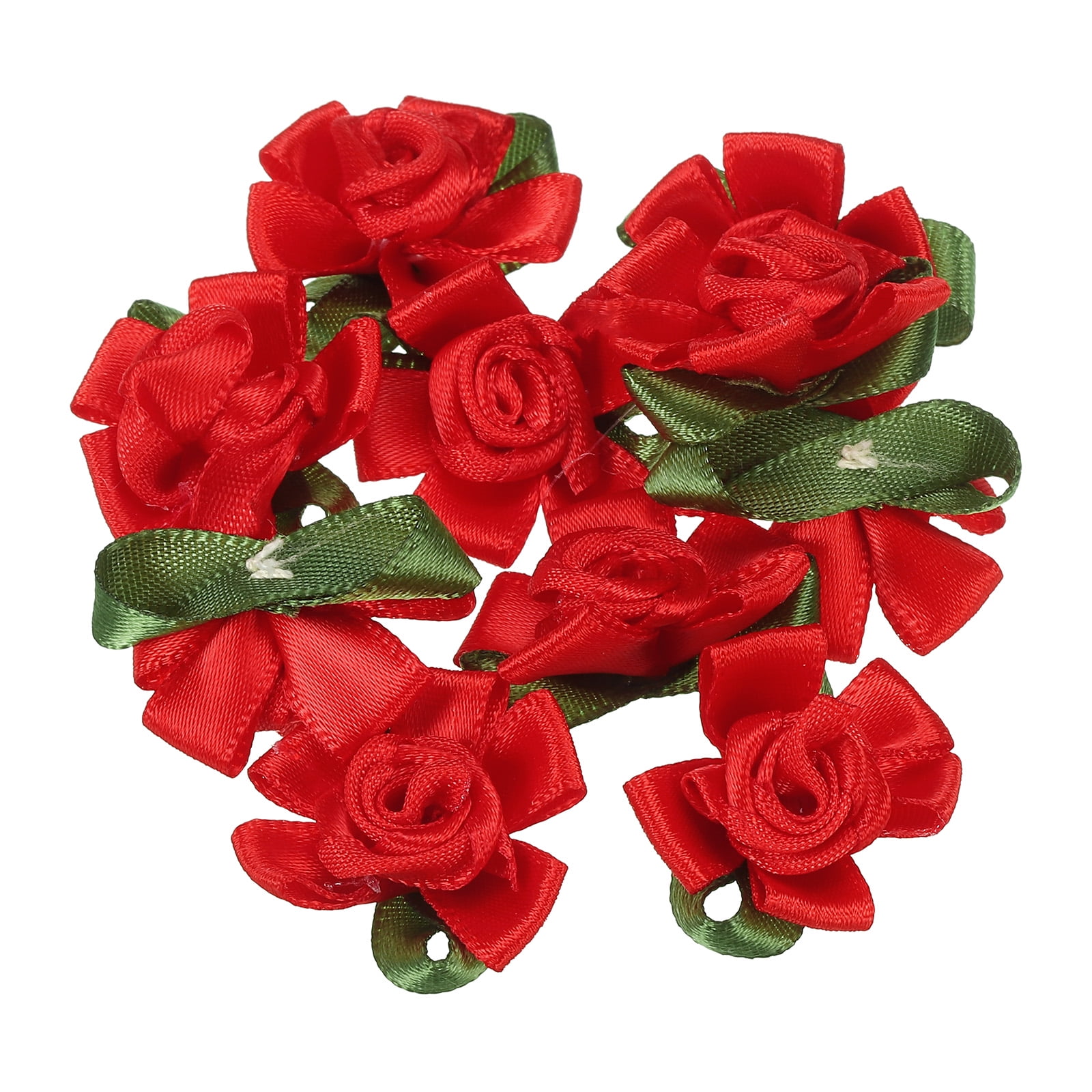 Uxcell Mini Satin Ribbon Roses Small Rosettes Fabric Flowers with Green ...