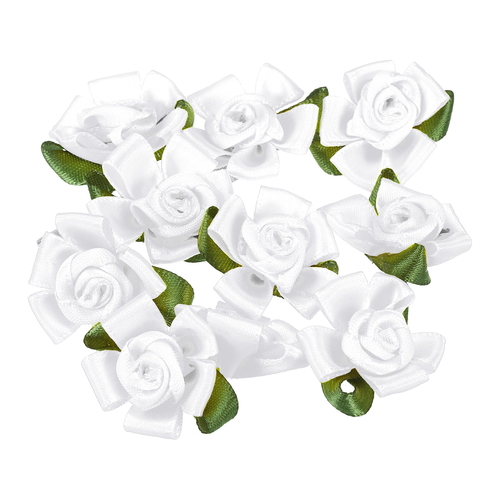 Uxcell Mini Satin Ribbon Roses Small Rosettes Fabric Flowers with Green ...
