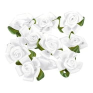 Uxcell Mini Satin Ribbon Roses Small Rosettes Fabric Flowers with Green ...