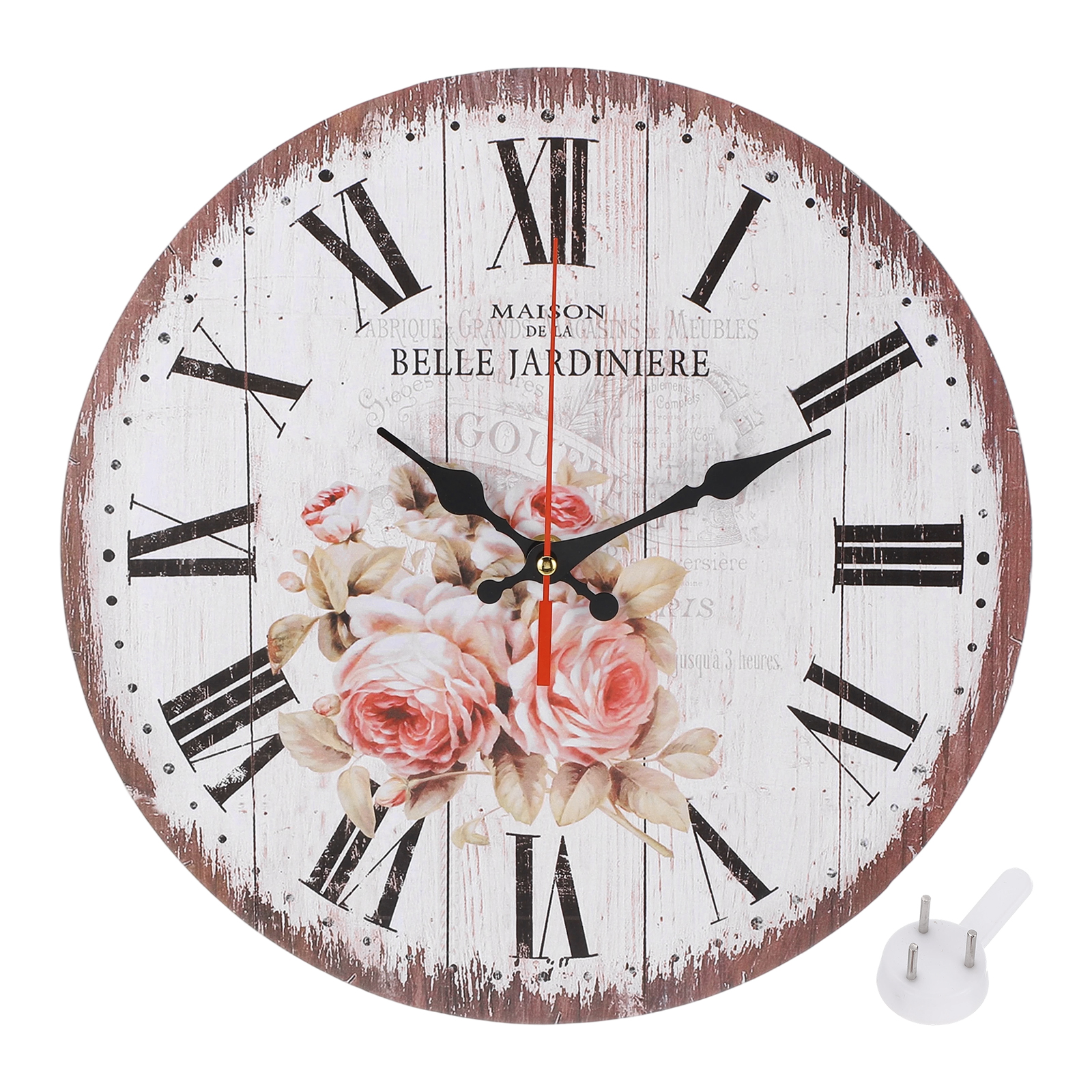 Uxcell Pink Floral Roman Numerals Vintage Wall Clock, 12" Wooden Finish ...
