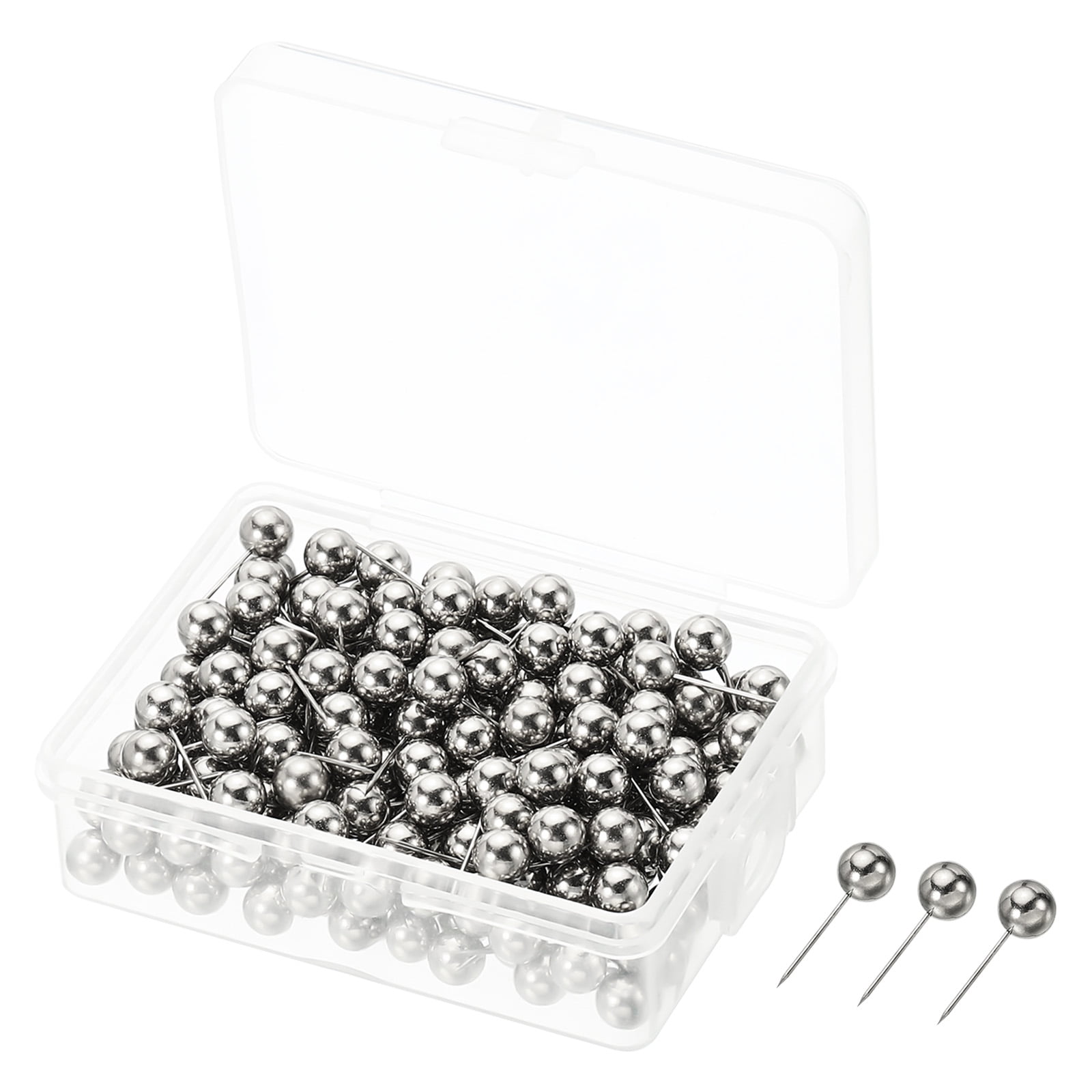 Uxcell Push Pins Round Head Metallic Map Tacks Steel Point, Silver 200 ...