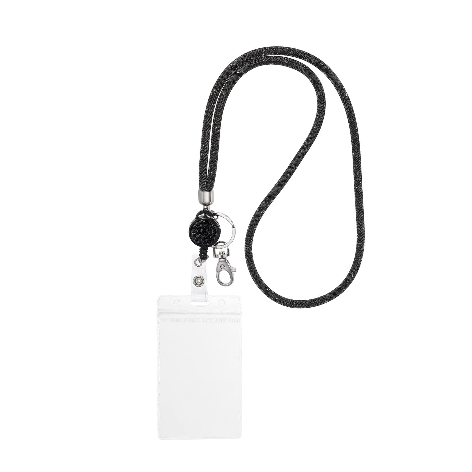 Uxcell Rhinestone Lanyard Crystal Retractable Keys Strap Keychain Black ...