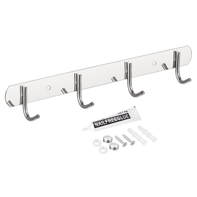 Uxcell Stainless Steel Coat Hook Rack Wall Mounted with 4 Hooks Hangers ...