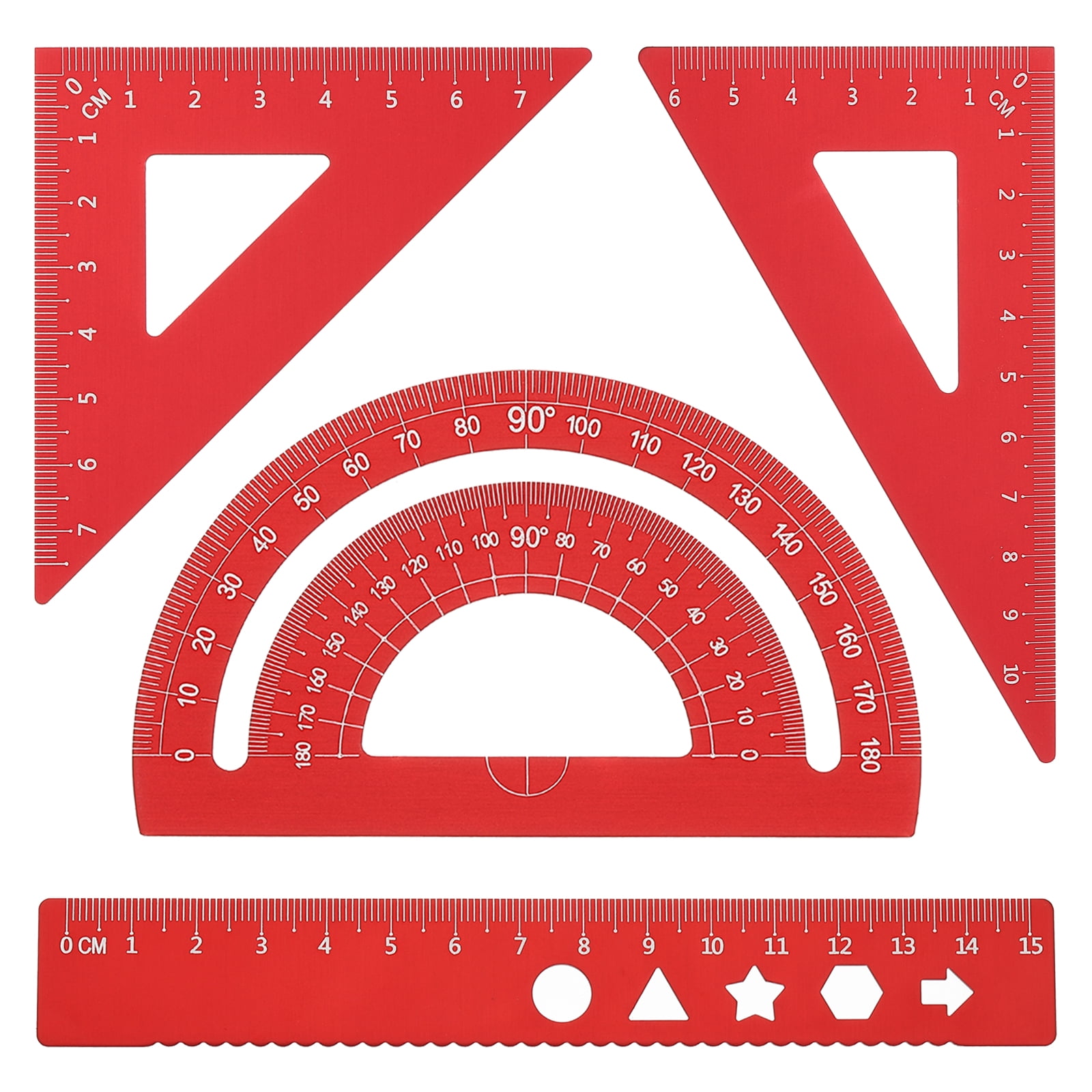 Uxcell Triangle Ruler Protractor Square and Ruler Set, 4 Pcs(Red, 15cm ...