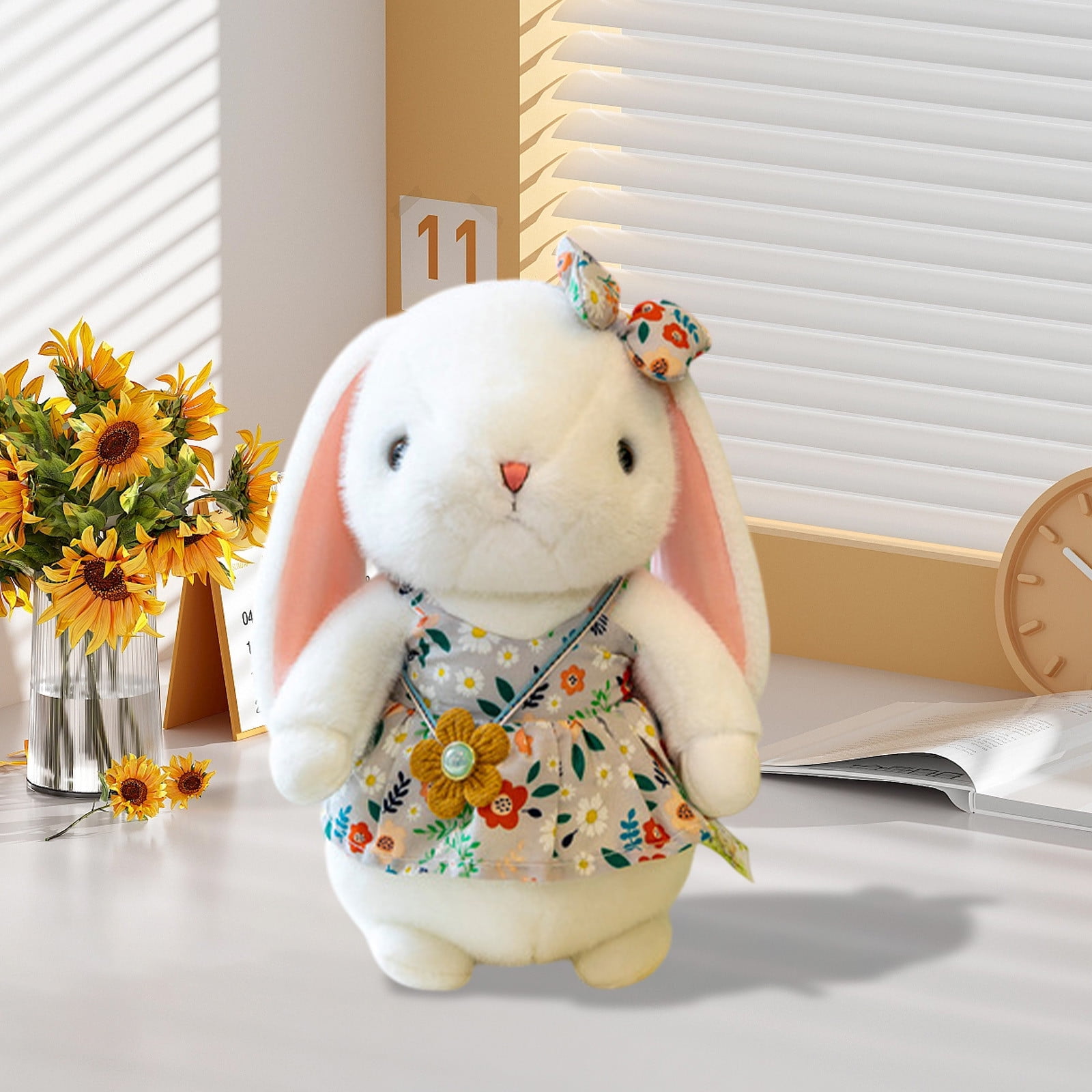 Uxgjfwu Floral Dress Bunny Animated Plush Toy, Cute Long-Eared White ...