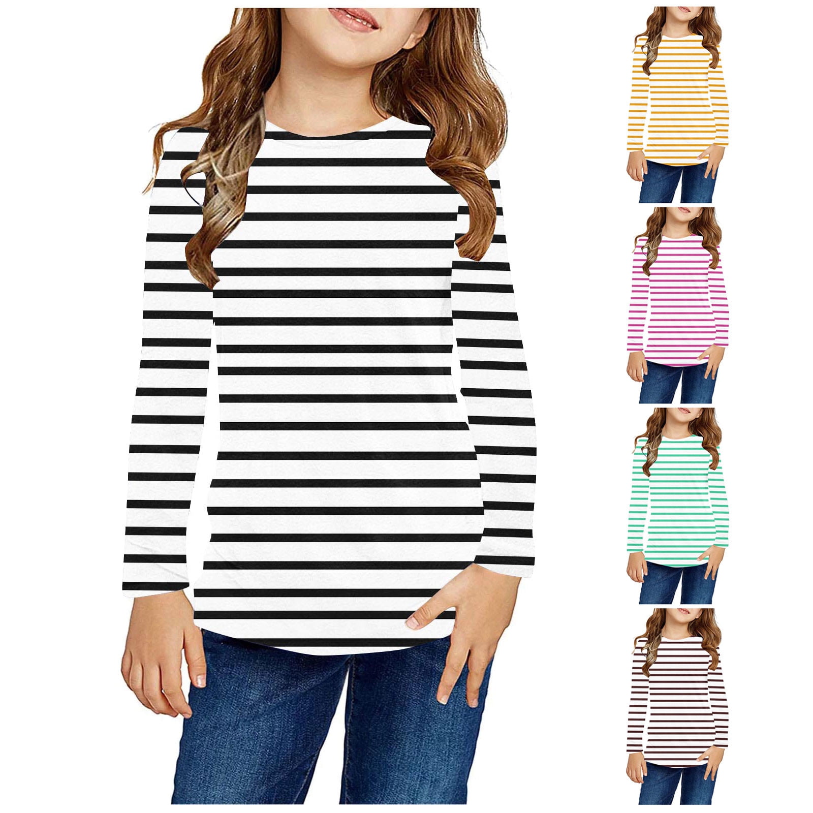 Uxgjfwu Girls Striped Long Sleeve Shirts Cute Crewnecks Tops Dressy ...