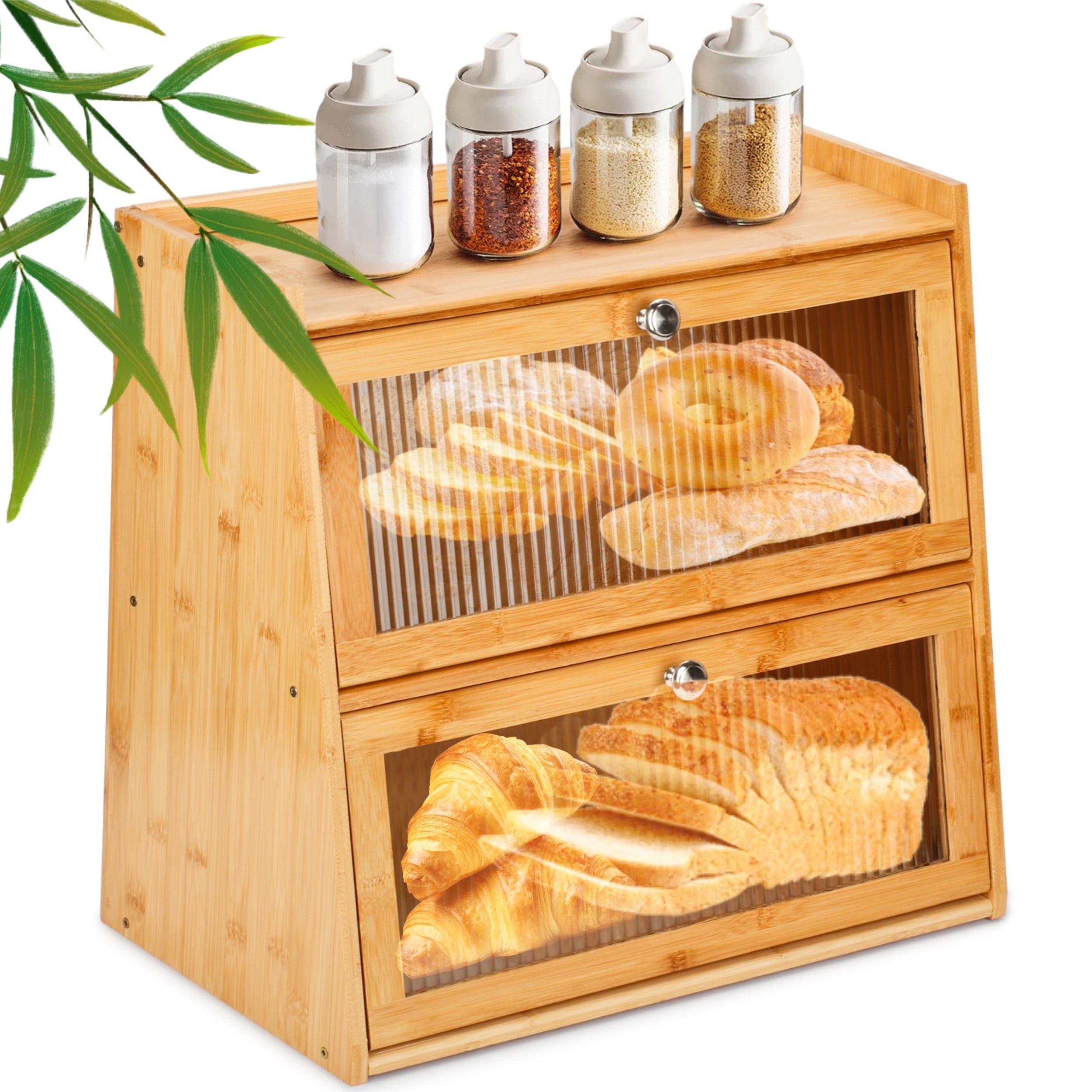 IAJXWI Double Layer Bamboo Bread Box with Acrylic Door Panel, Large ...