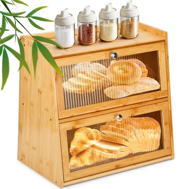 IAJXWI Double Layer Bamboo Bread Box with Acrylic Door Panel, Large ...