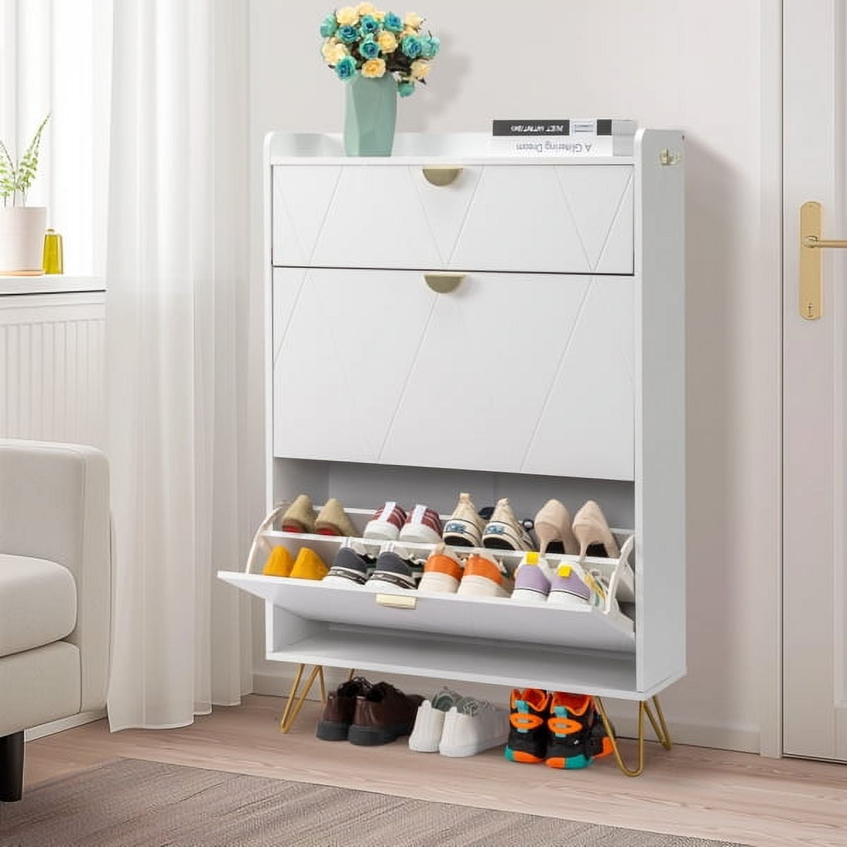 "V-Carved Panel Shoe Cabinet – 2-Drawer + Flip-Top Storage, Particle ...