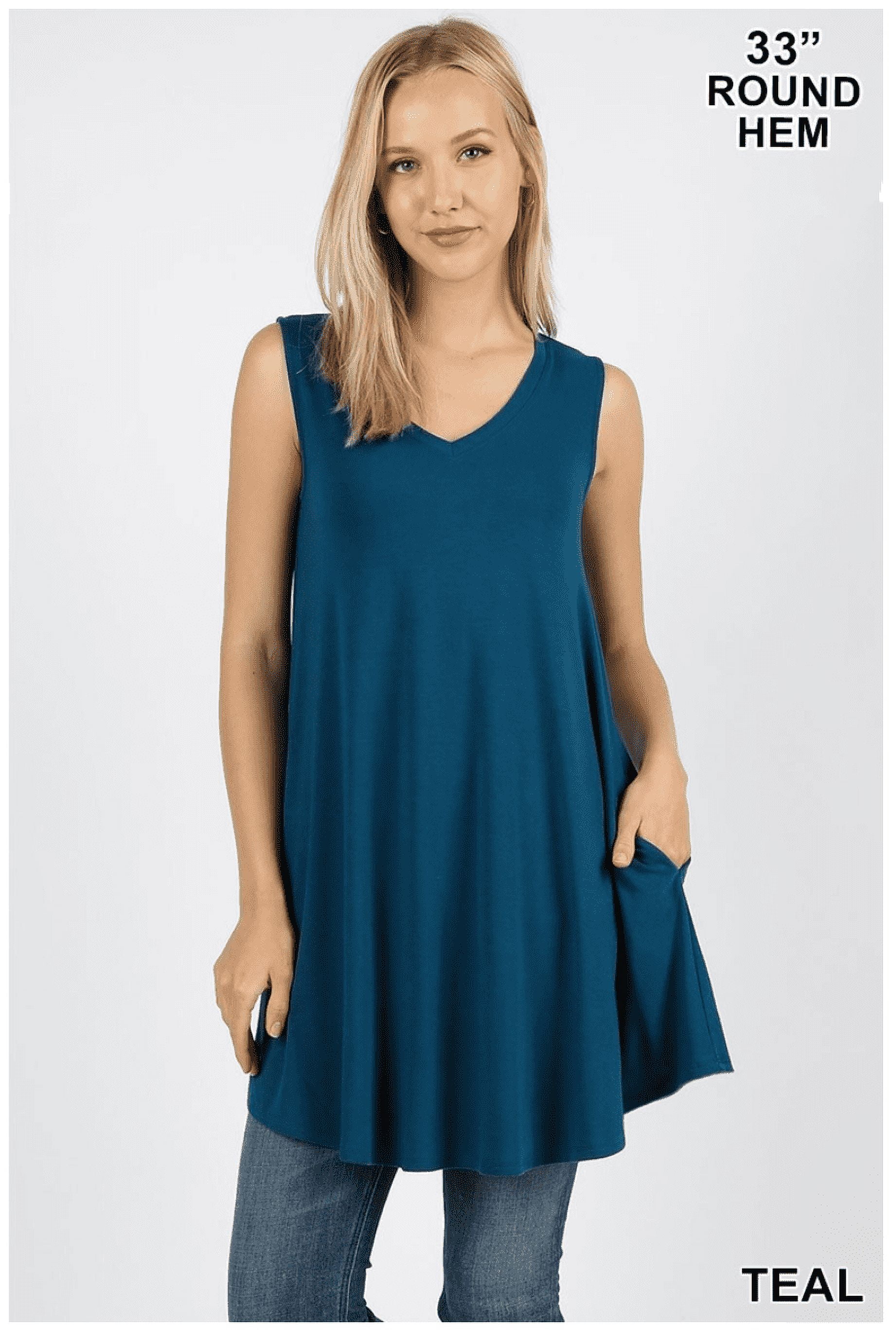 V-NECK ROUND HEM SLEEVELESS FLARED TUNIC WITH POCKETS 2 COLORS ...