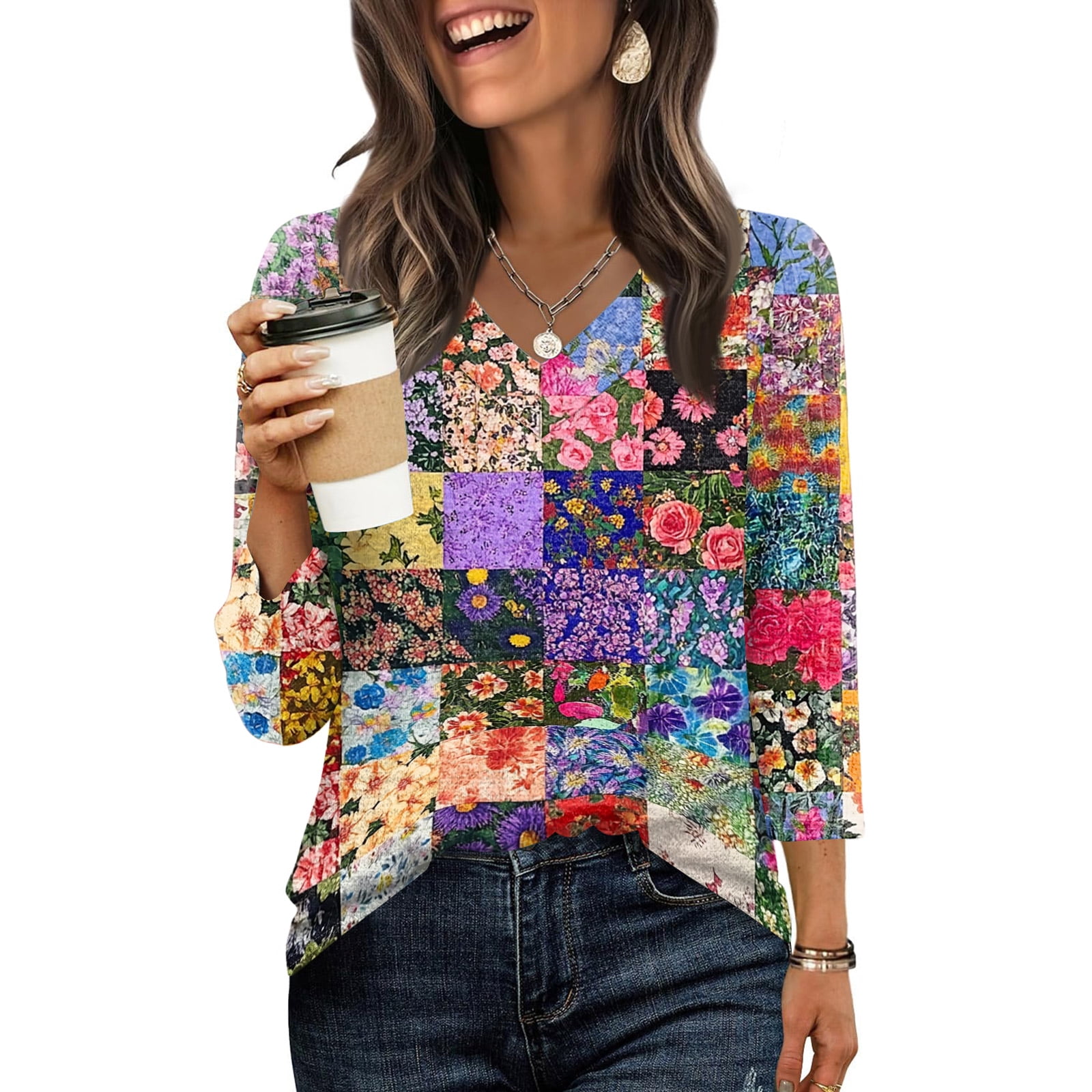 V Neck 3/4 Sleeve Shirts for Women Casual Fall Tops Lightweight Tunic ...