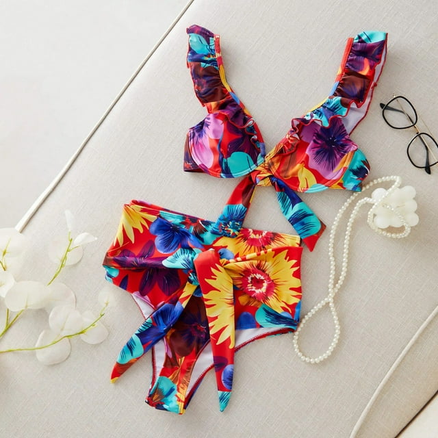 V Neck Bikinis Ruffled Swimsuit High Wait Bikini 2024 Print Swimwear