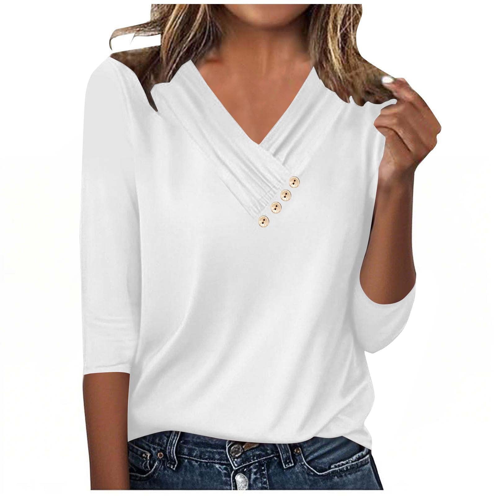V-Neck Blouses for Women Dressy Casual 3/4 Length Sleeve Womens Work ...