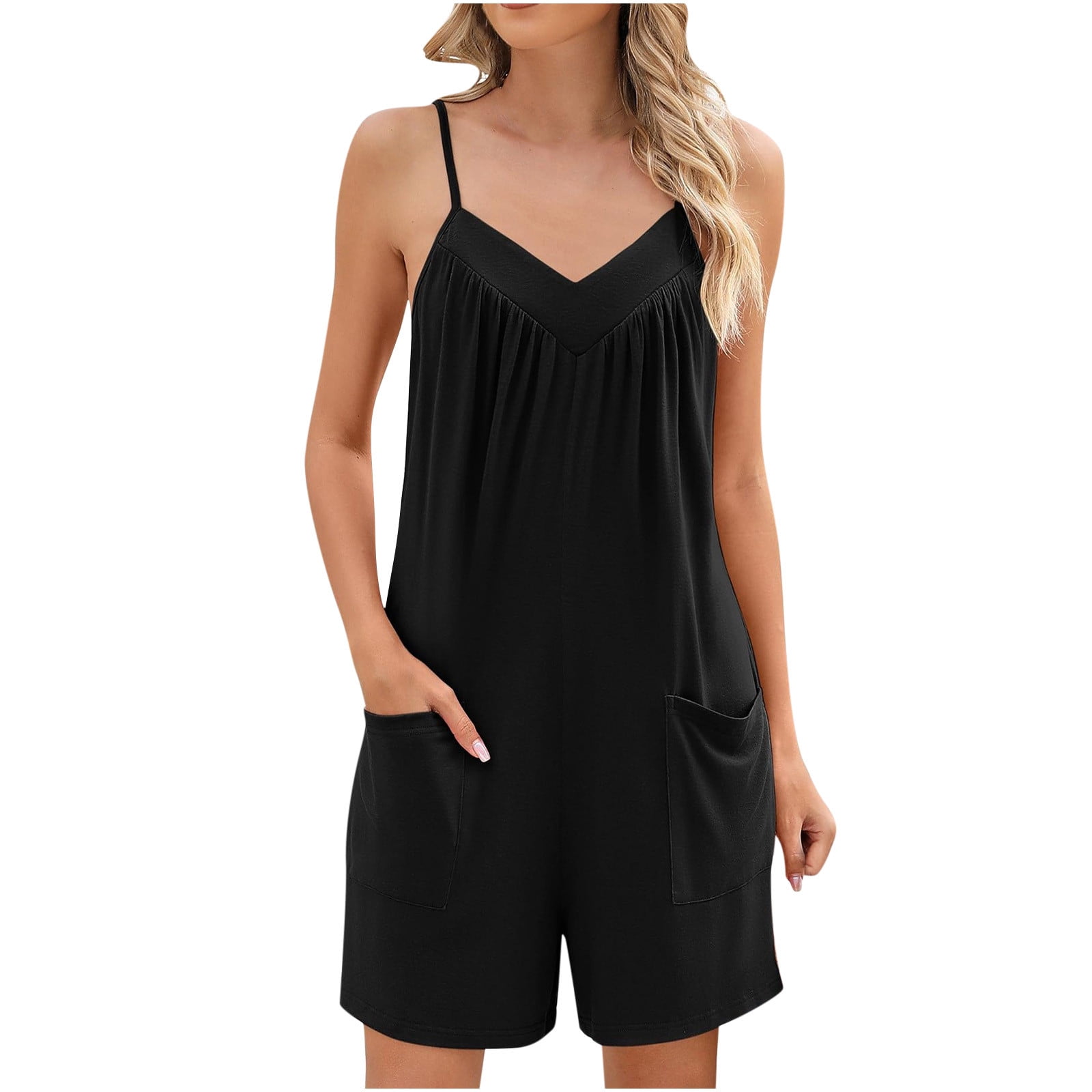 V-Neck Bodysuit for Women Spaghetti Strap Shorts Overalls Solid Color ...