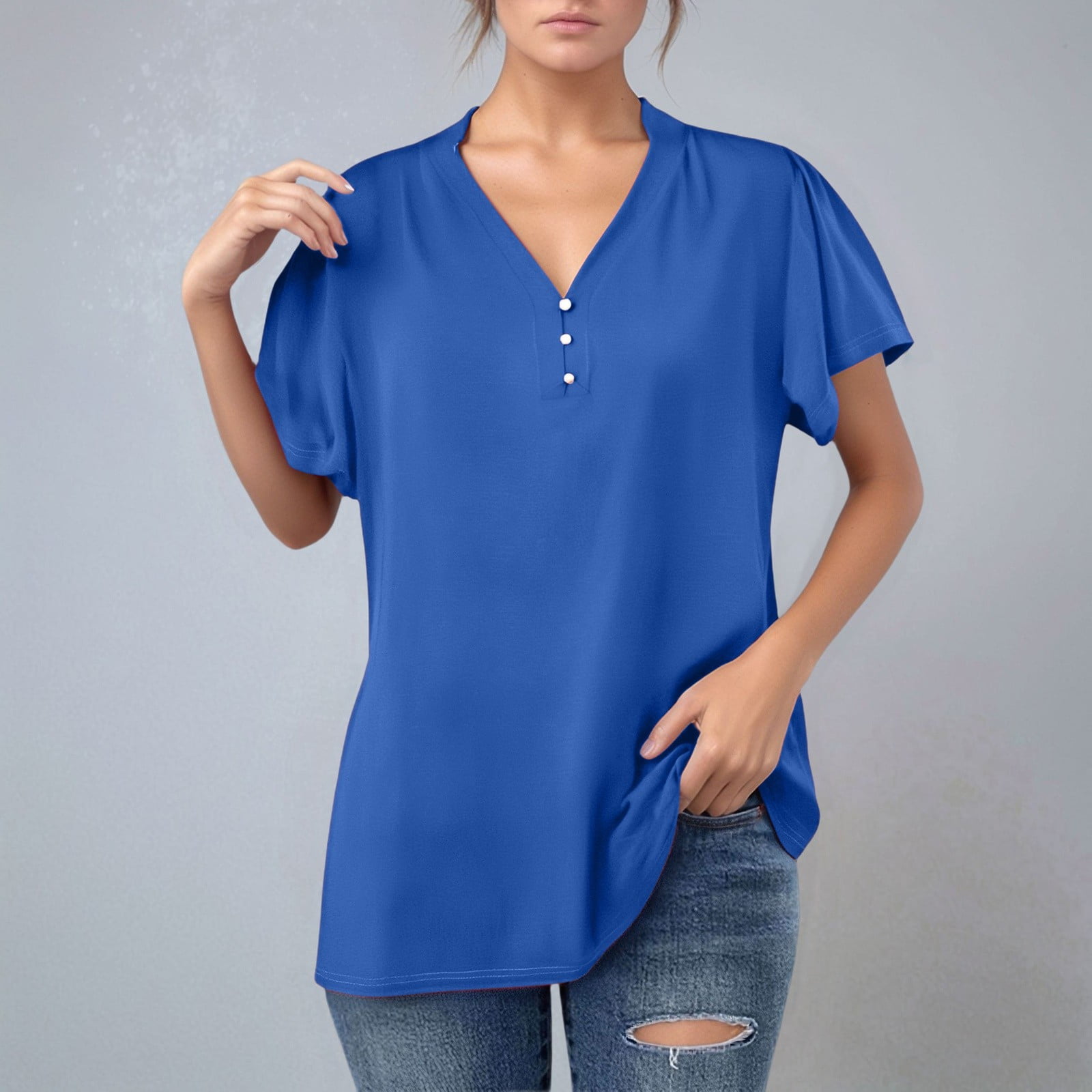 V Neck Button up Solid Color Casual T Shirt Tee Shirt Women Graphic T ...