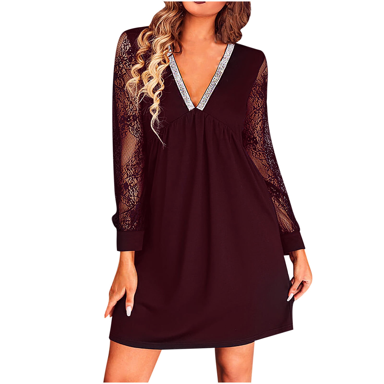 V Neck Dress Long Sleeve For Women Fashion Women Sexy Casual Lace