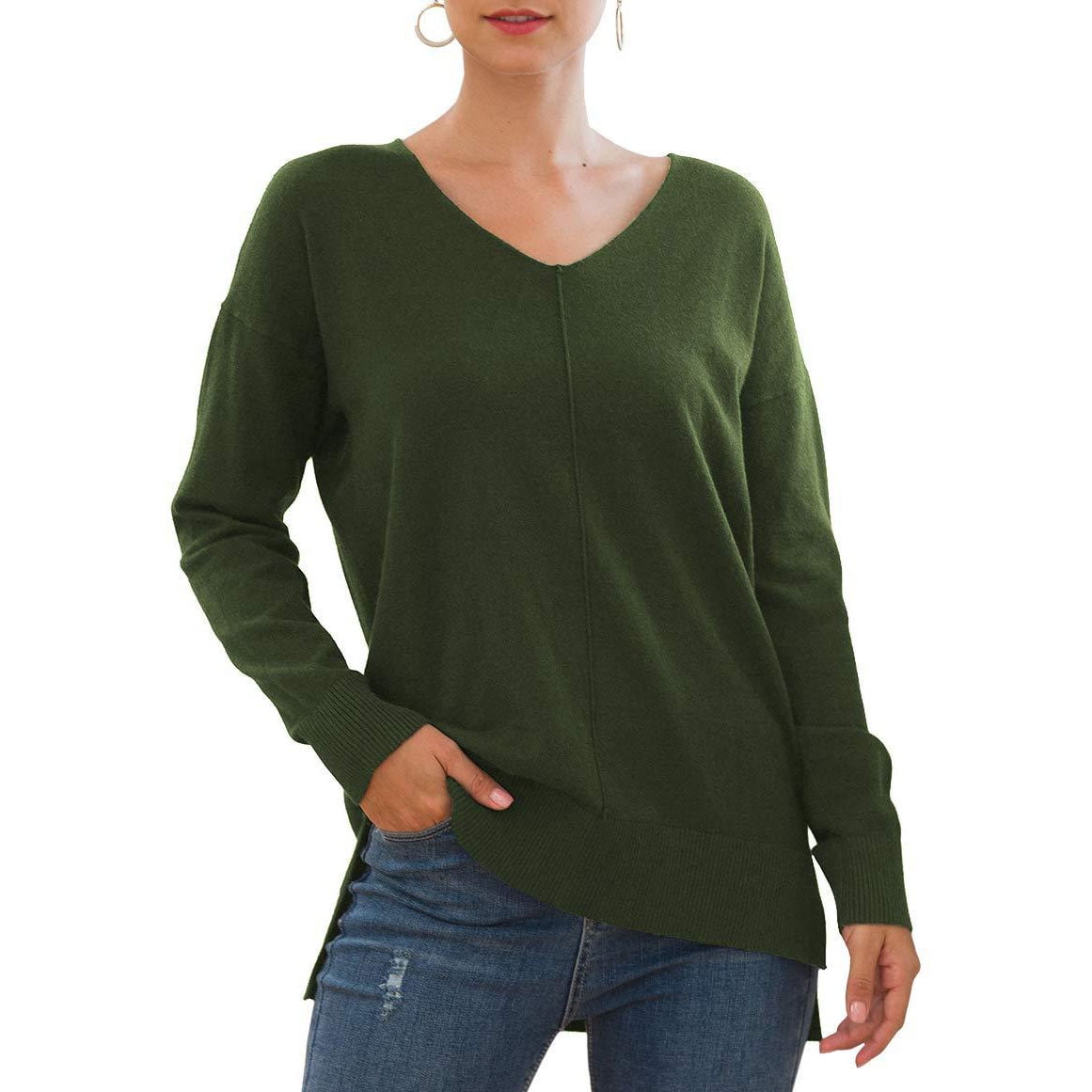 V-Neck Long Sleeve Knit Sweater with Side Slits - OD Green Casual Top ...
