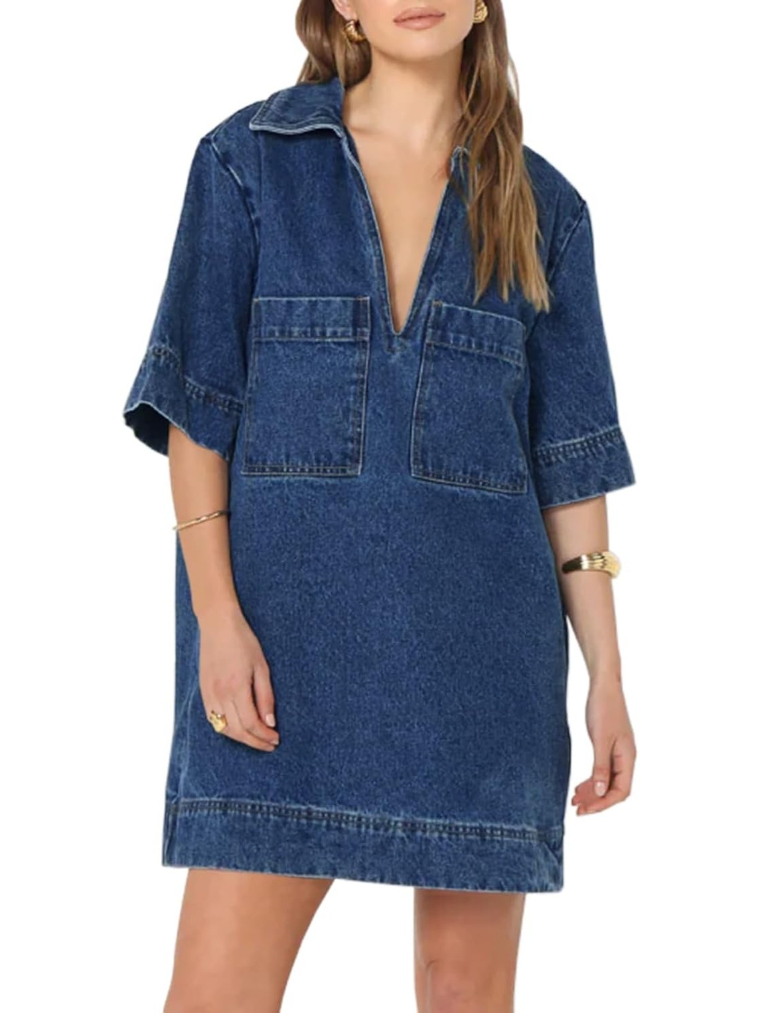 V Neck Mini Dress Womens Denim Shirt Dress Summer Collared Casual Jean ...