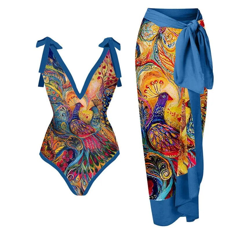 V Neck One Piece Swimwear Cover Up Women Swimsuit Print Patchwork ...