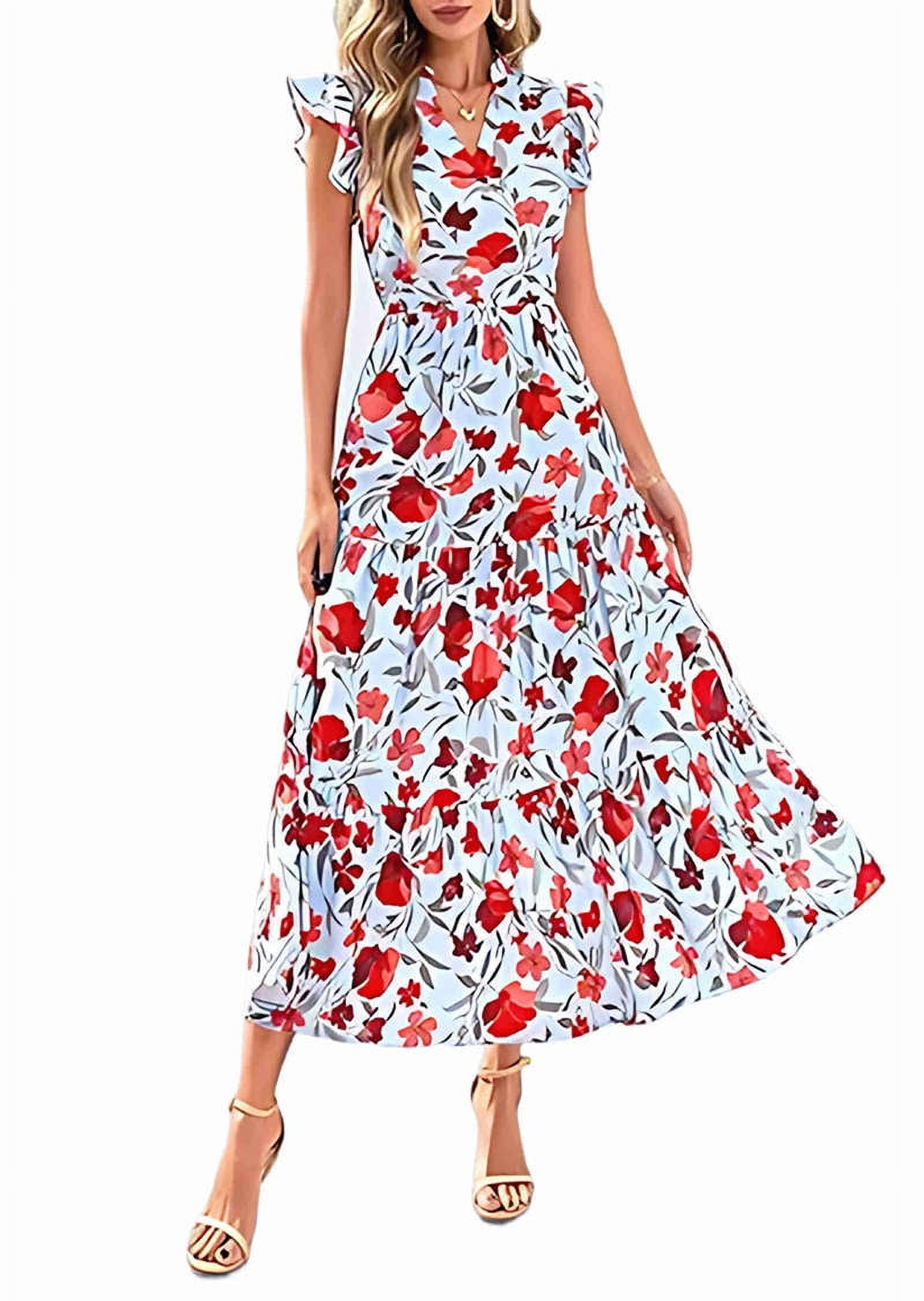 V-Neck Pleated Flying Sleeves Printed Midi Dress Picture1 S - Walmart.com