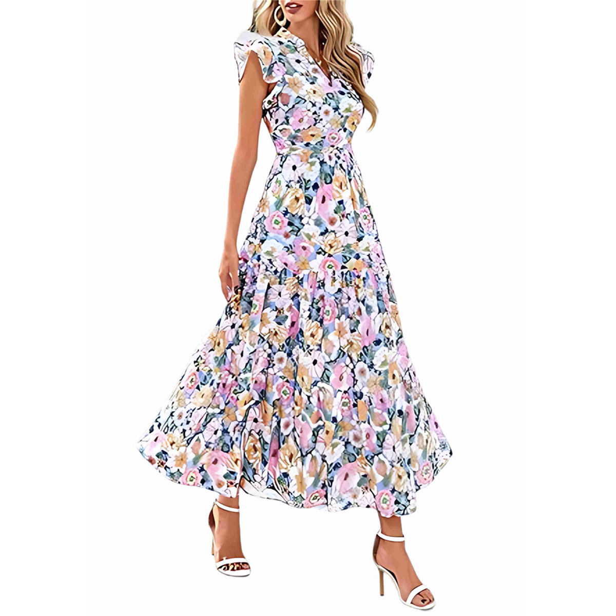 V-Neck Pleated Flying Sleeves Printed Midi Dress Picture5 XXL - Walmart.com