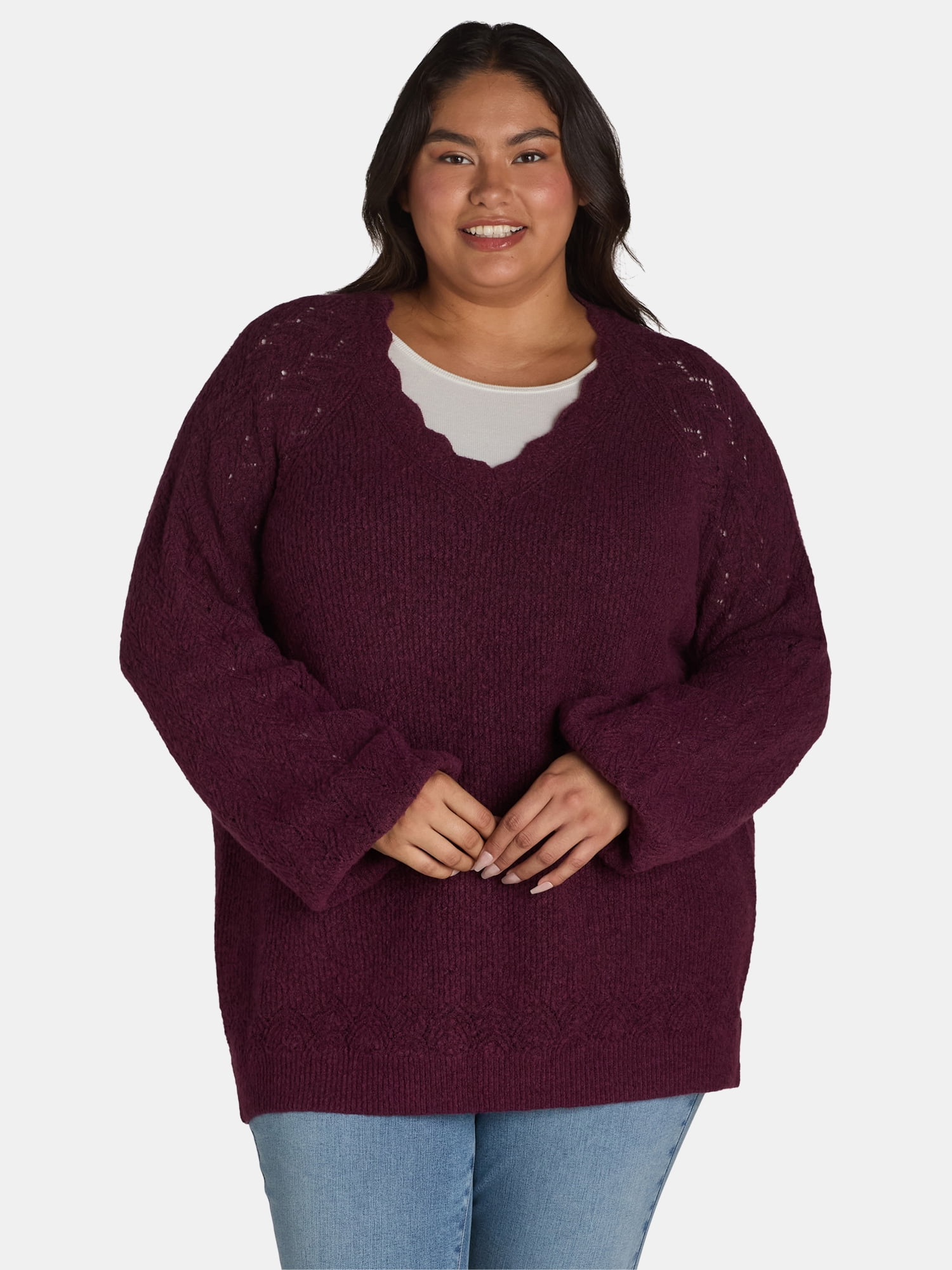 The Pioneer Woman’s Pointelle V-Neck Sweater, Midweight, Women’s, Sizes ...