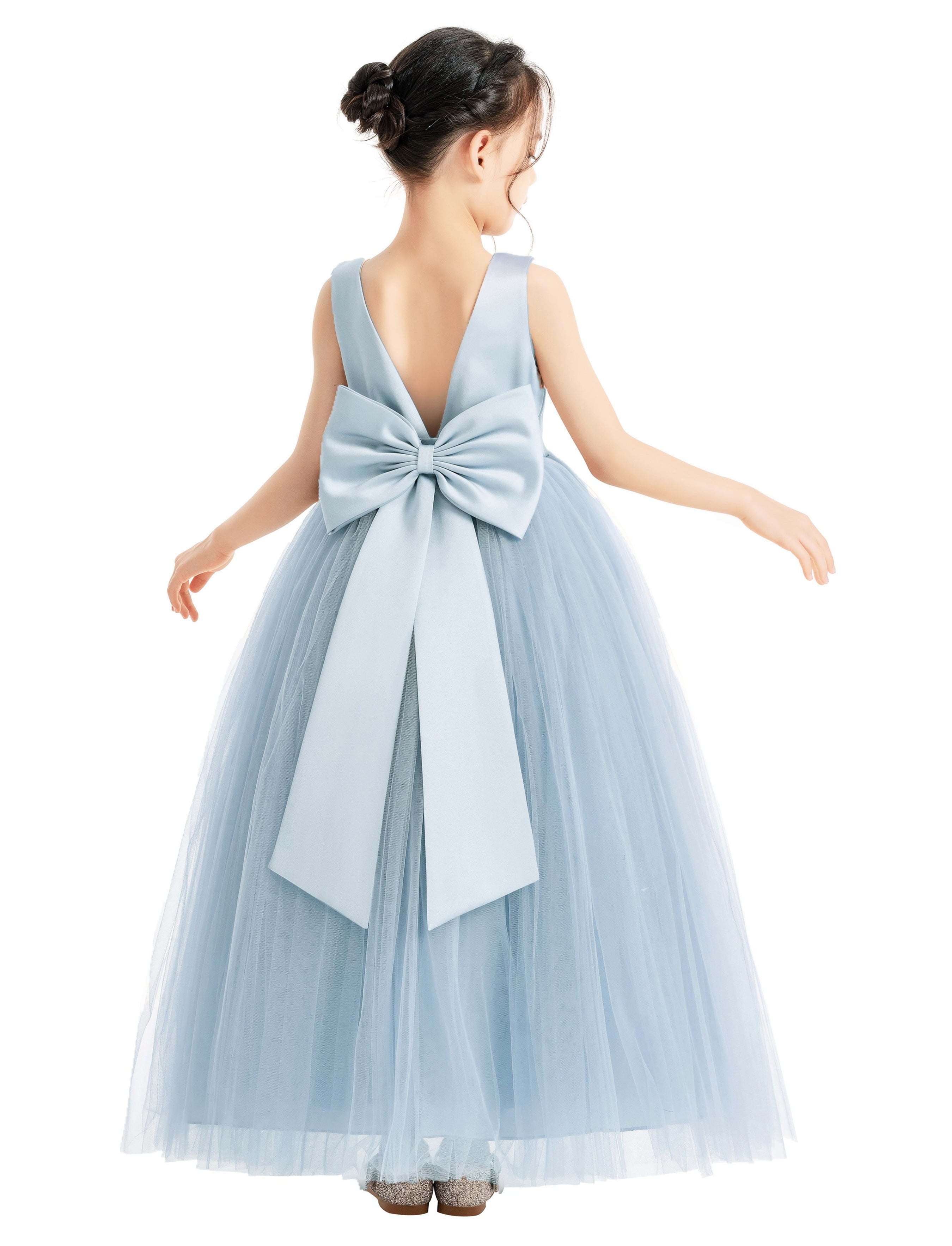 V-Neck Satin Flower Girl Dress Junior Bridesmaid Gowns for Wedding ...