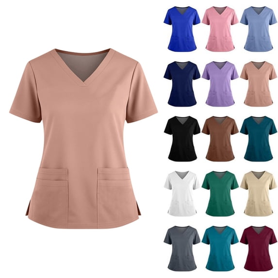 V-Neck Scrub Tops Women - Stretchy 4-Pocket Nurse Scrubs with Medical ...