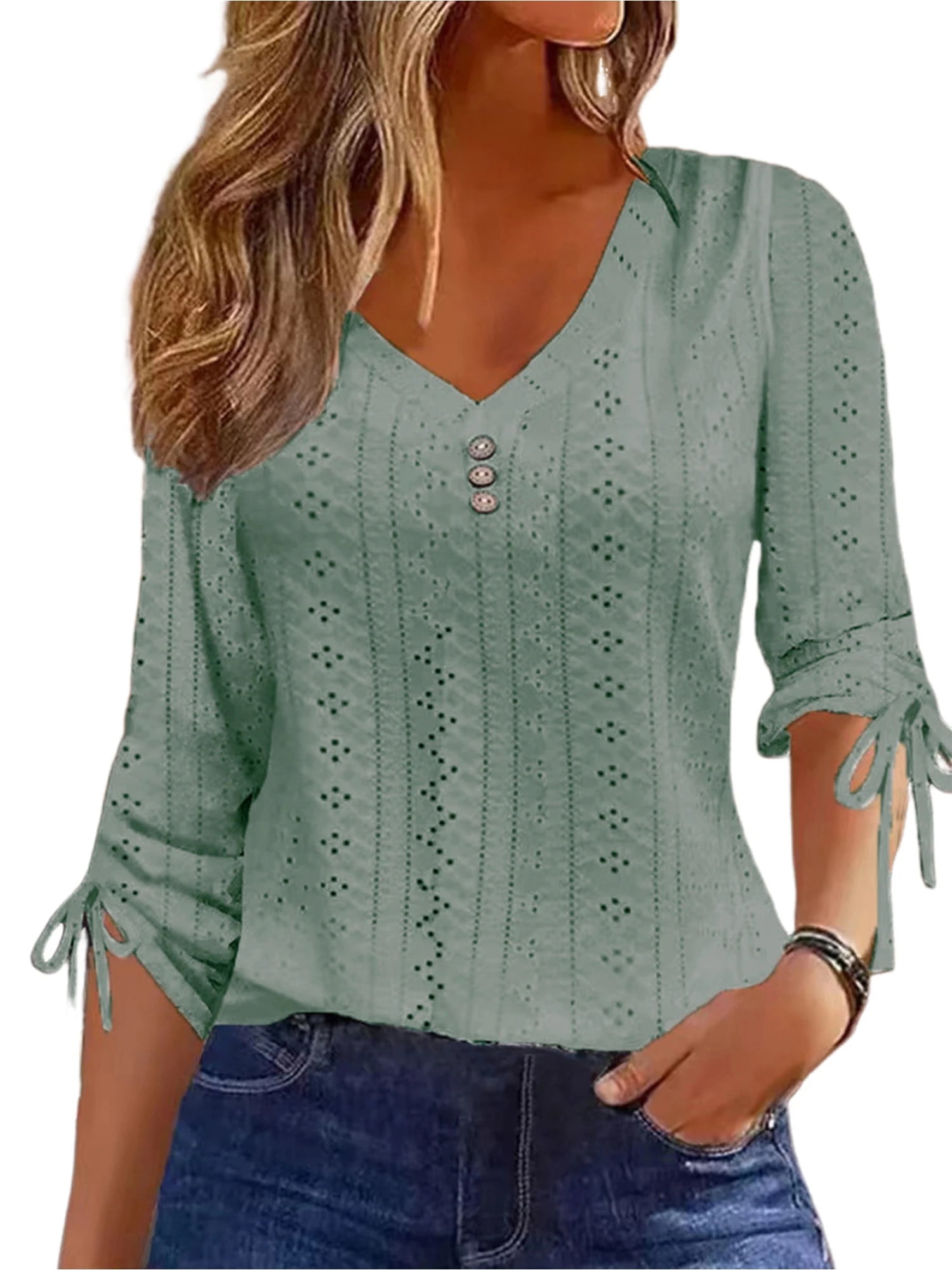 V Neck Shirt for Women Half Sleeve Bouse Floral Hollow Out Basic Tops ...