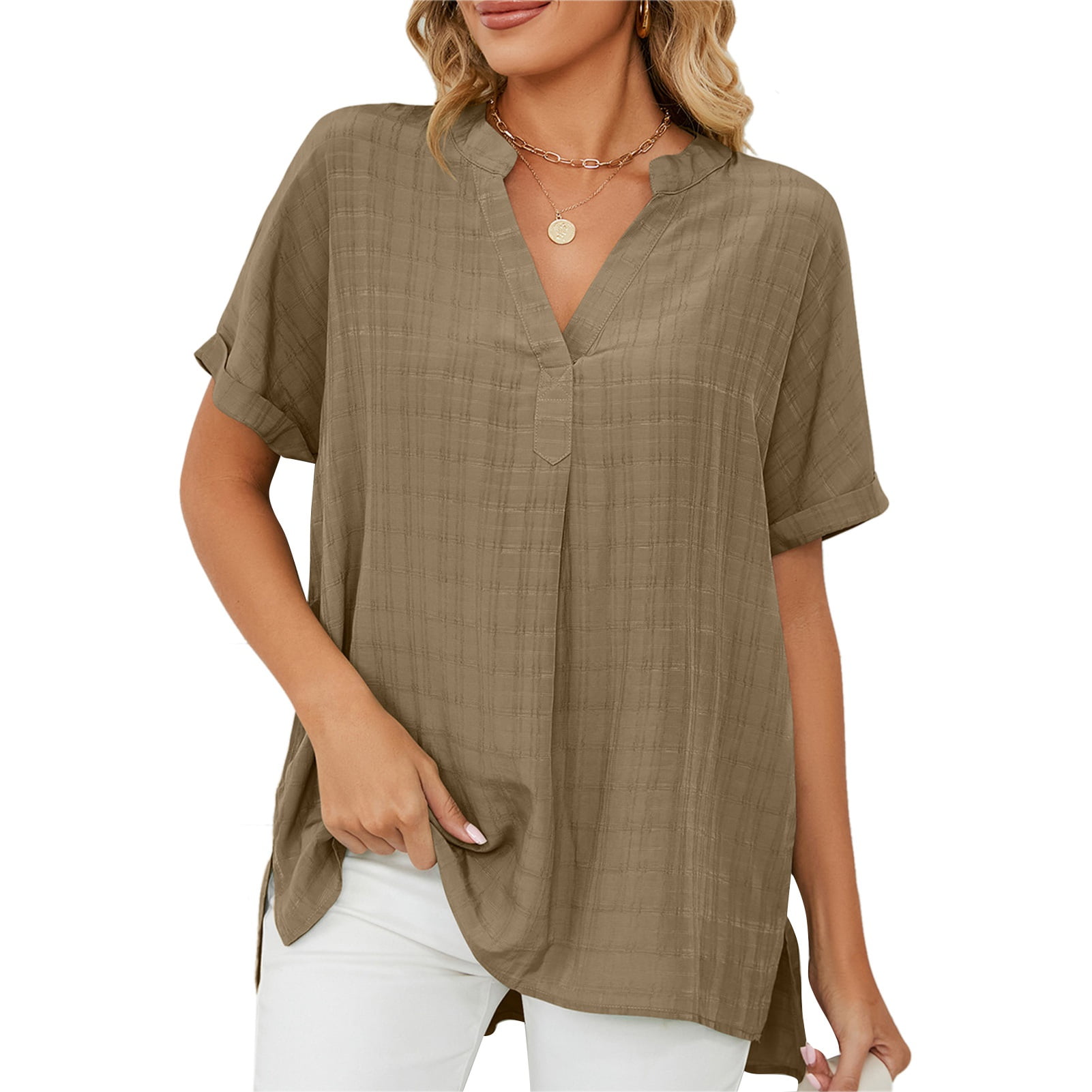 V-Neck Side Slit T-Shirt with Short Sleeves - Loose Plain Design for ...