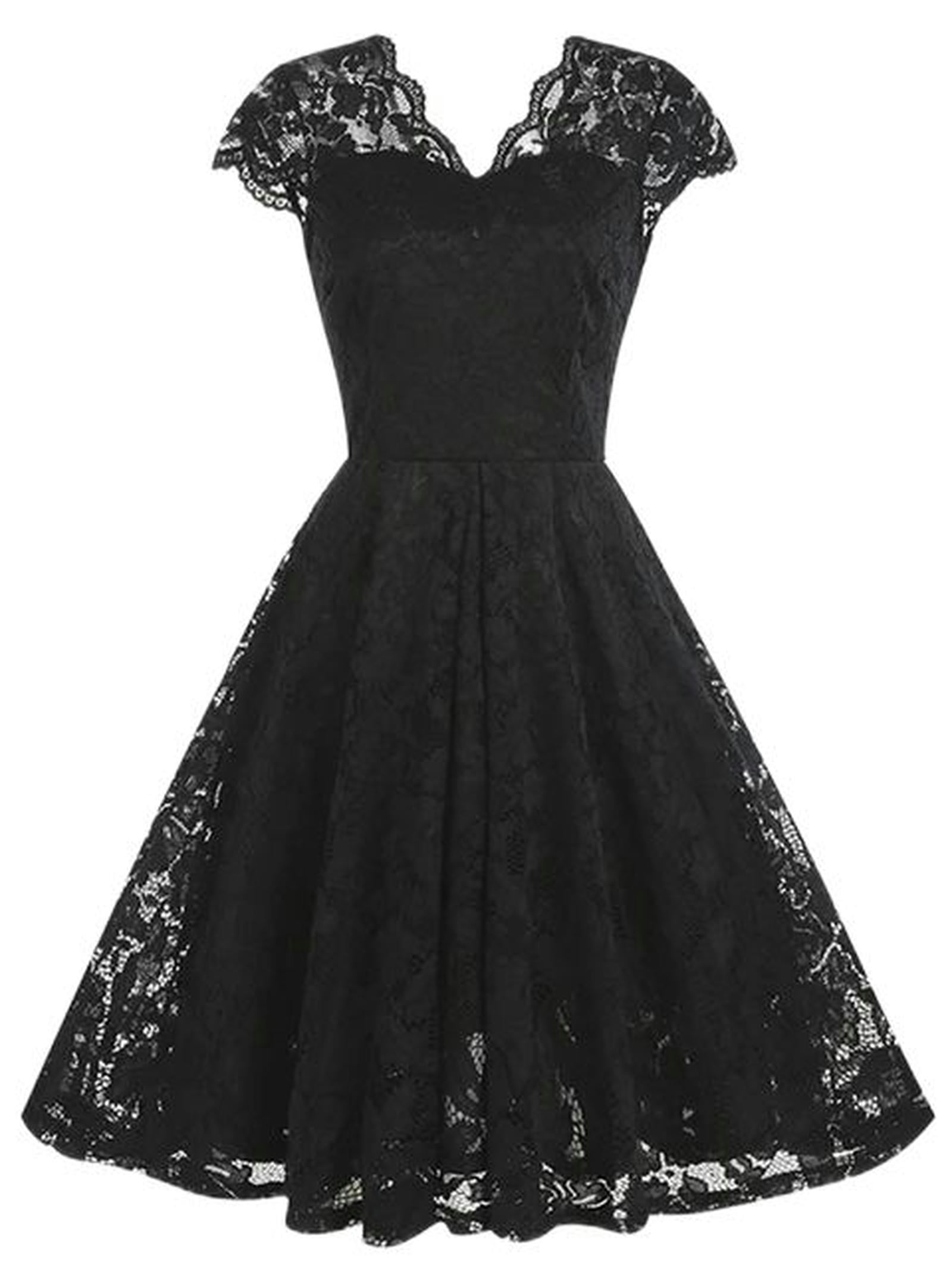V Neck Sleeveless Lace Black Party A Line Dress Elegant Retro Night Party Dresses Women Vintage