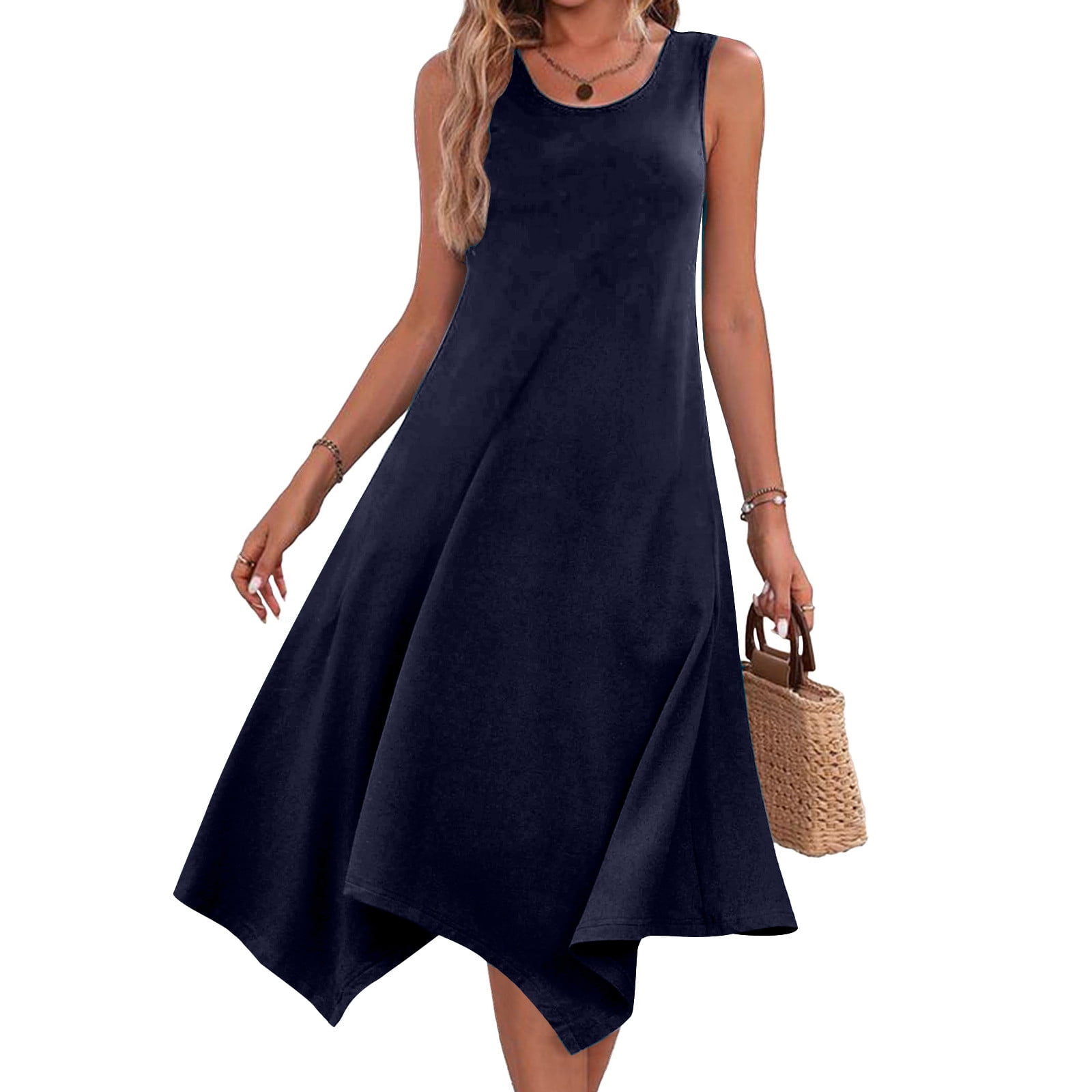 UPPADA V Neck Sundresses Womens Sleeveless Solid Color Summer Midi ...