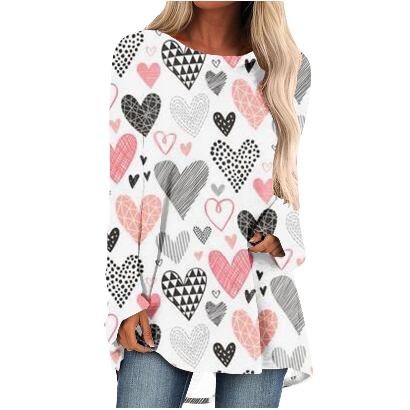 V Neck Sweater Women Women's Fashion Valentine's Day Printed Round Neck Pleated Button Long ...