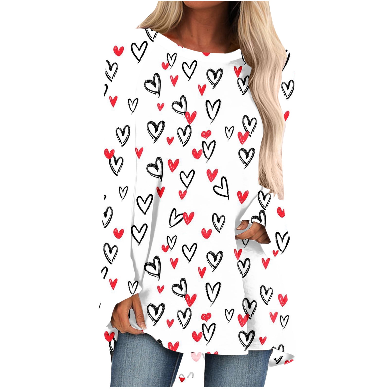 V Neck Sweater Women Women's Fashion Valentine's Day Printed Round Neck Pleated Button Long ...