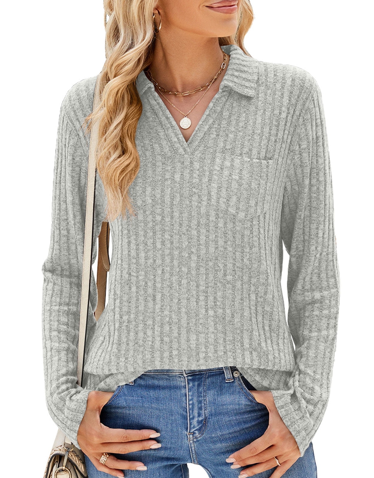V Neck Sweaters For Women Lightweight Ribbed Fall Sweater Long Sleeve ...