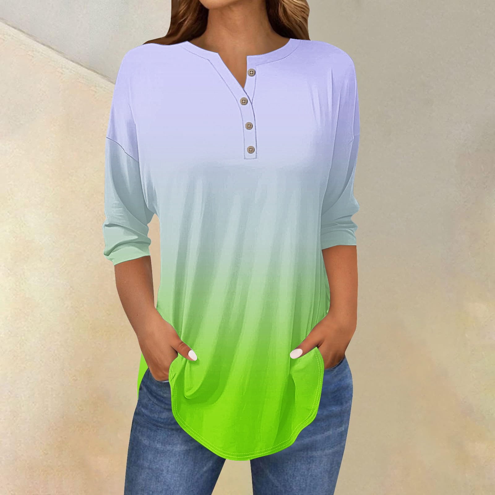 V Neck T Shirts for Women 3/4 Length Sleeve Womens Tops 2025 Spring ...